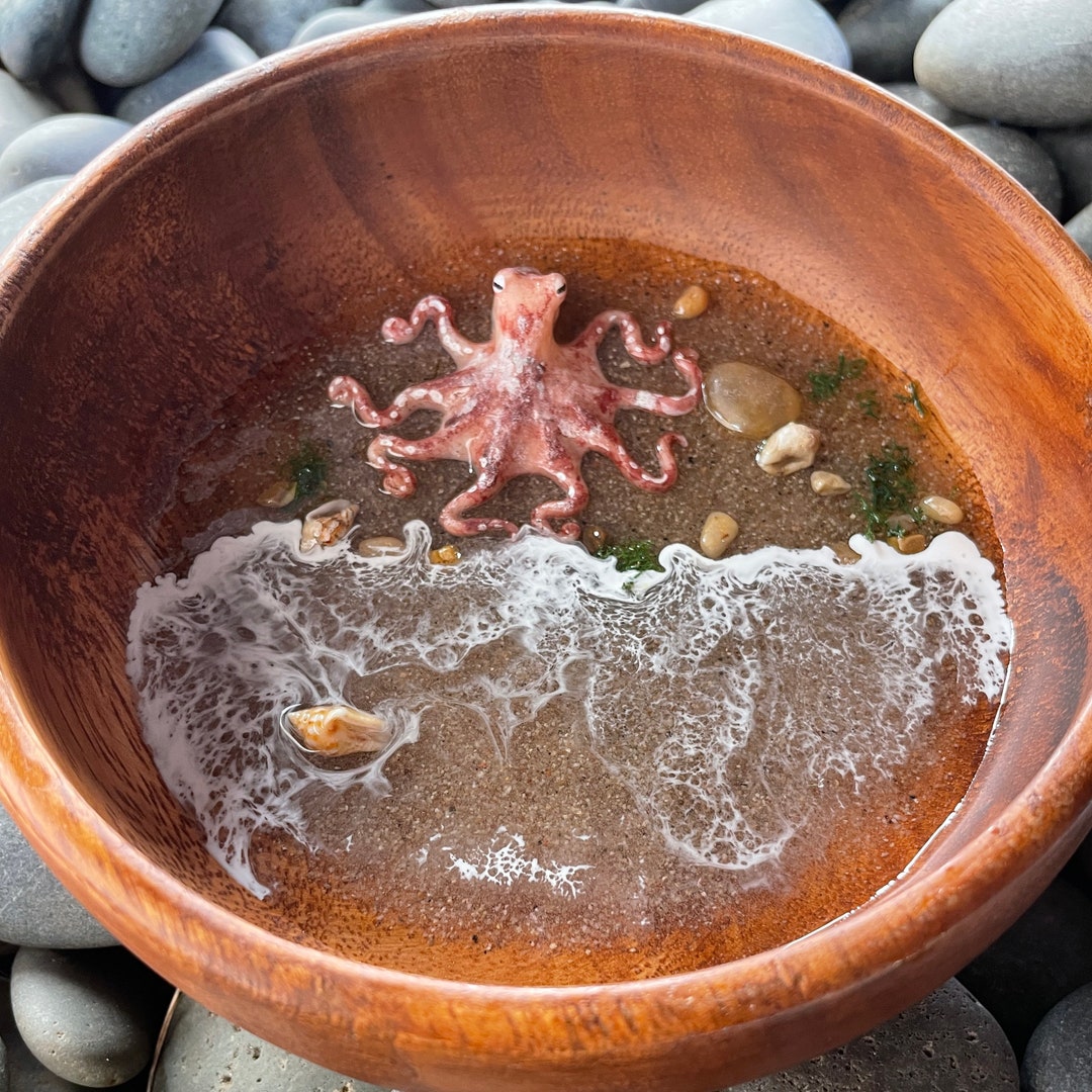 Octopus Wood Bowl- Ocean Resin Art Acacia Bowl- Tropical Housewarming ...