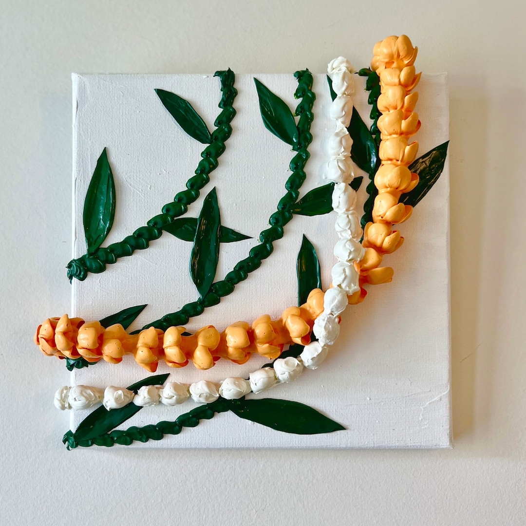 Puakenikeni and Pikake 3 Dimensional Hawaiian Flower Lei Acrylic Art Painting Hawaii Home Decor ...
