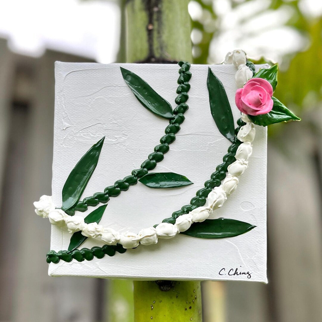 Pikake (jasmine) 6” 3D Hawaiian White Flower Lei With Rose Art Painting ...