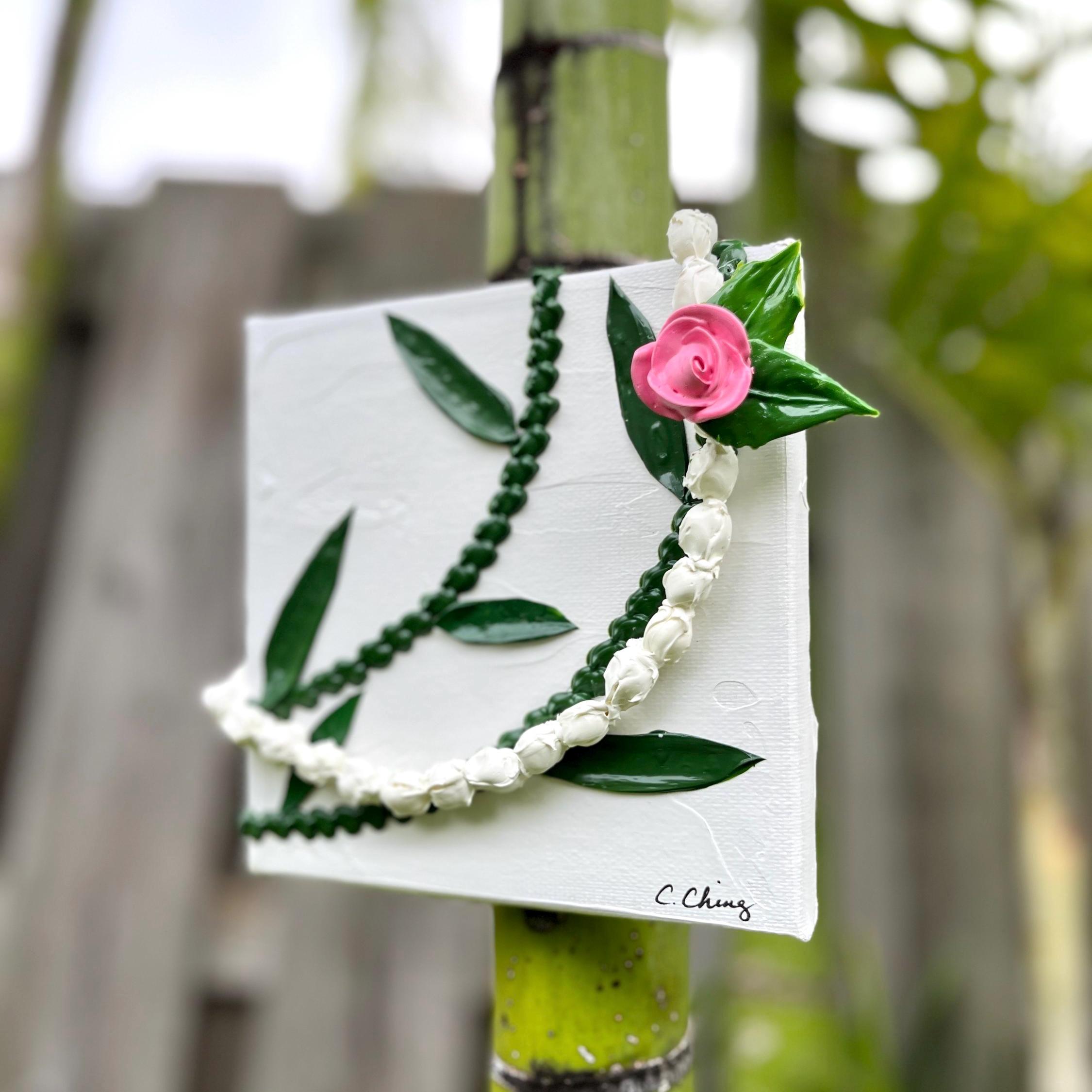 Pikake (jasmine) 6” 3D Hawaiian White Flower Lei With Rose Art Painting ...