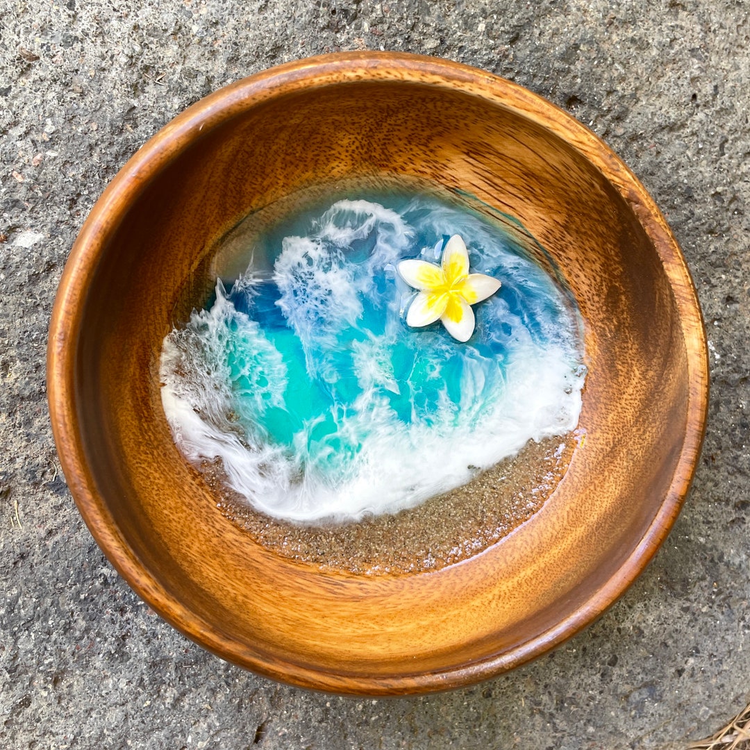 Plumeria Ocean Resin Wood Jewelry Bowl Tropical Dish Gift Hawaiian Home ...