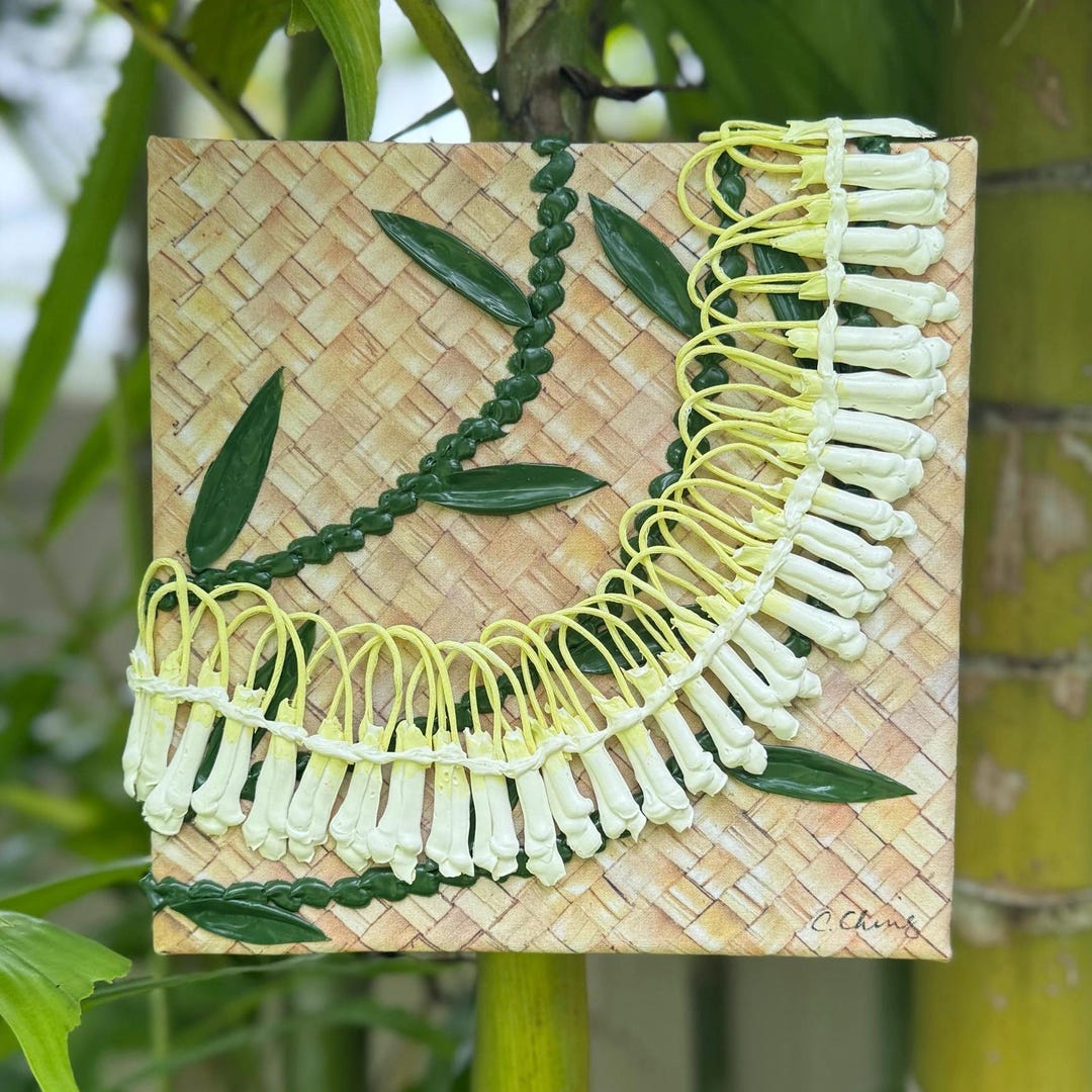 3D Micronesian Ginger Hawaiian Flower Lei Painting on Lauhala Canvas ...
