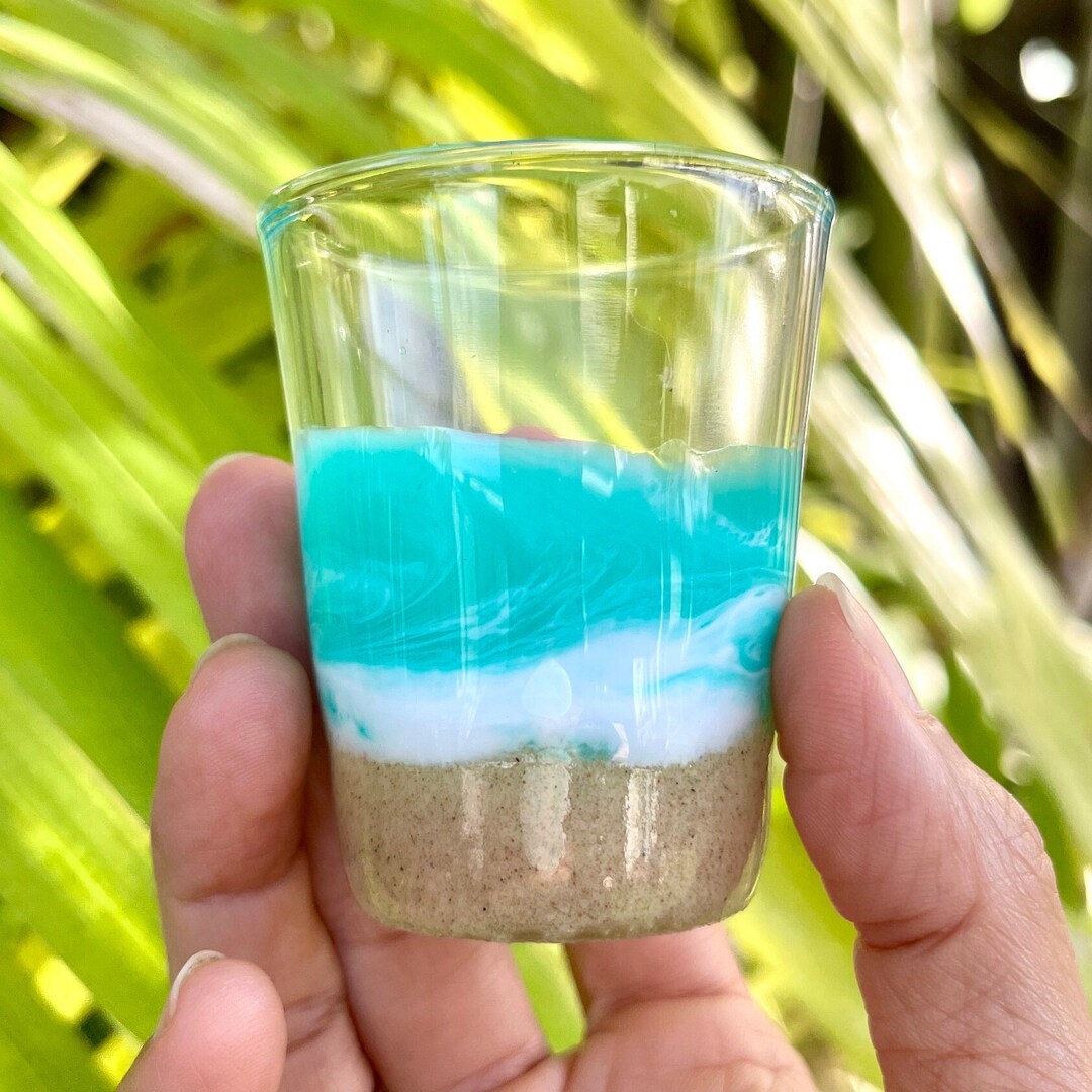 Ocean Beach Shot Glass- Hawaiian Aqua Wave Glasses- Resin Barware ...