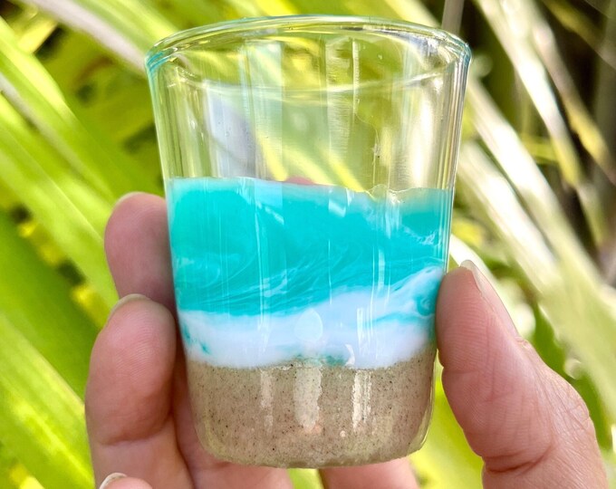 Ocean Beach Shot Glass- Hawaiian Aqua Wave Glasses- Resin Barware ...