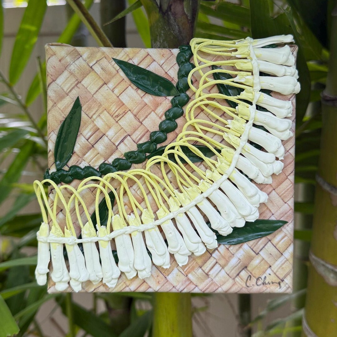 3D Micronesian Ginger Hawaiian Flower Lei Painting on Lauhala Canvas ...