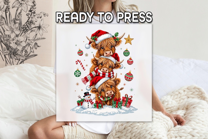 Highland Cow DTF Transfer, Watercolor Brown Furry Cows With Santa Hats ...