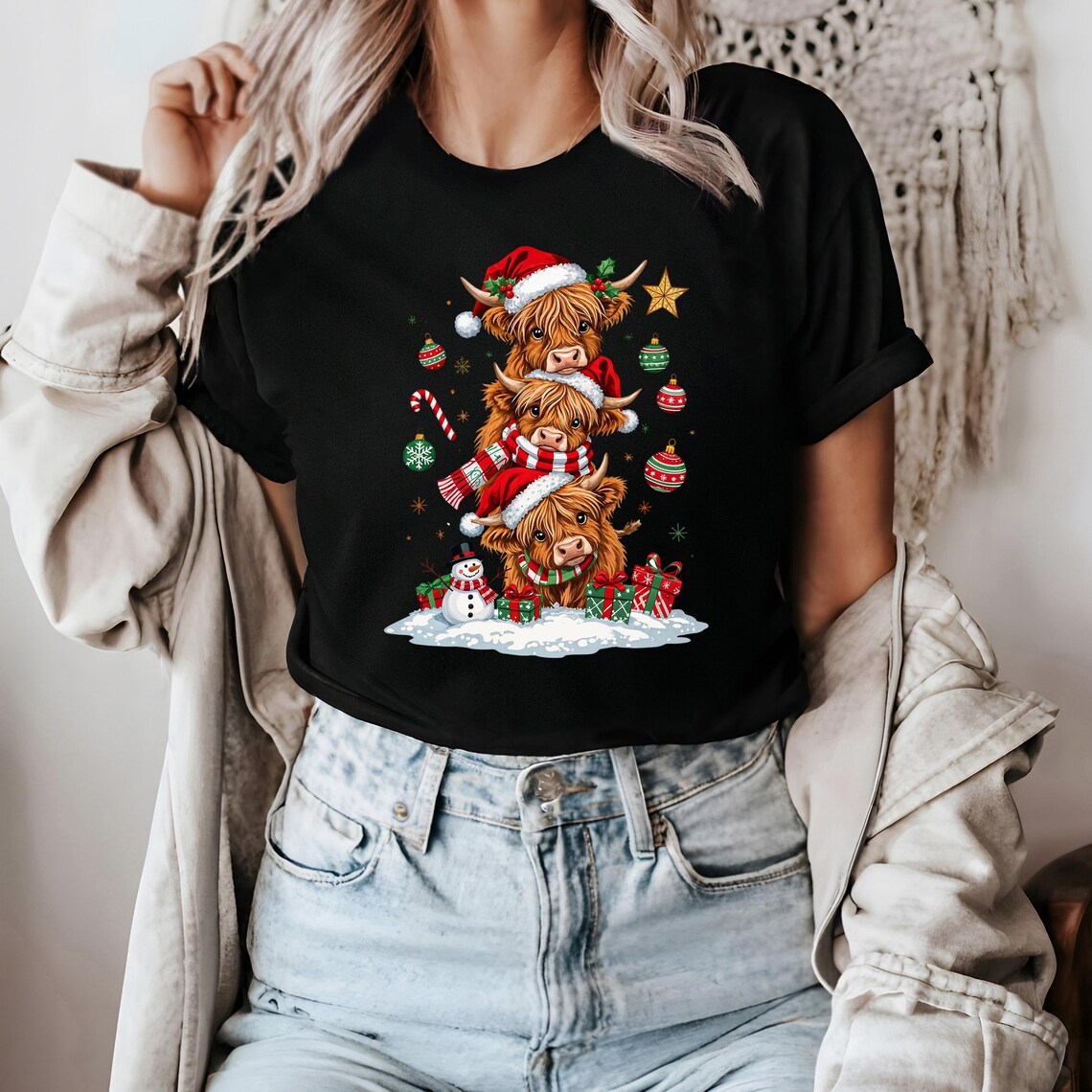 Highland Cow DTF Transfer, Watercolor Brown Furry Cows With Santa Hats ...