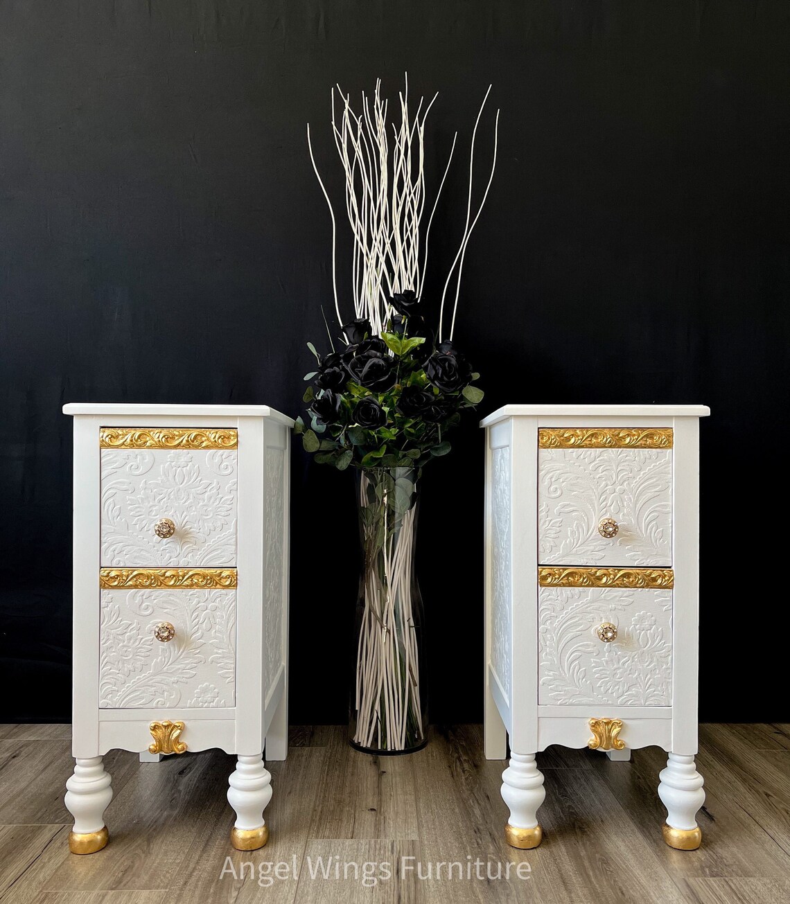 Nightstands Tall Pair. Bedside Tables Painted White Gold. End Tables ...
