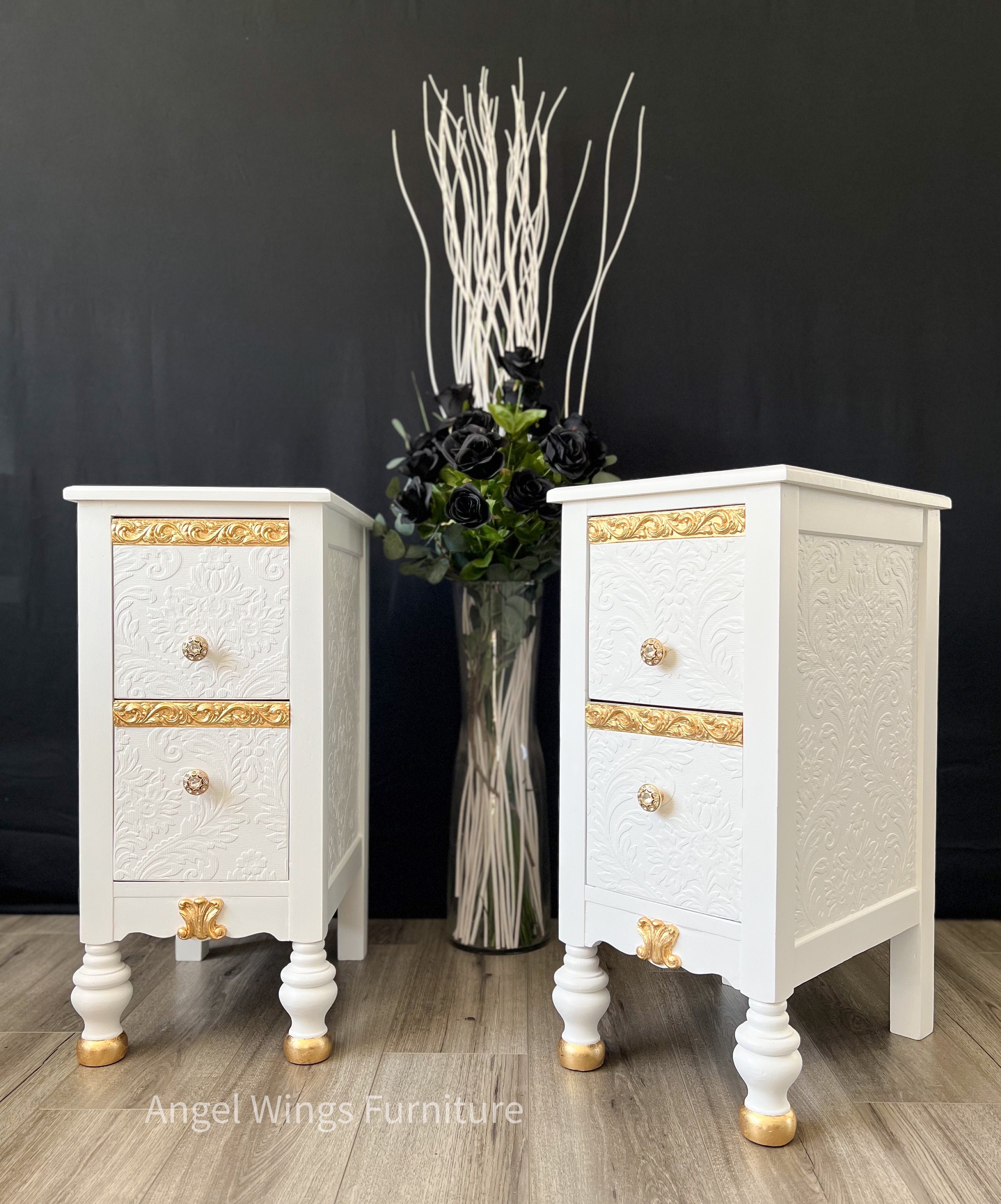 Nightstands Tall Pair. Bedside Tables Painted White Gold. End Tables ...