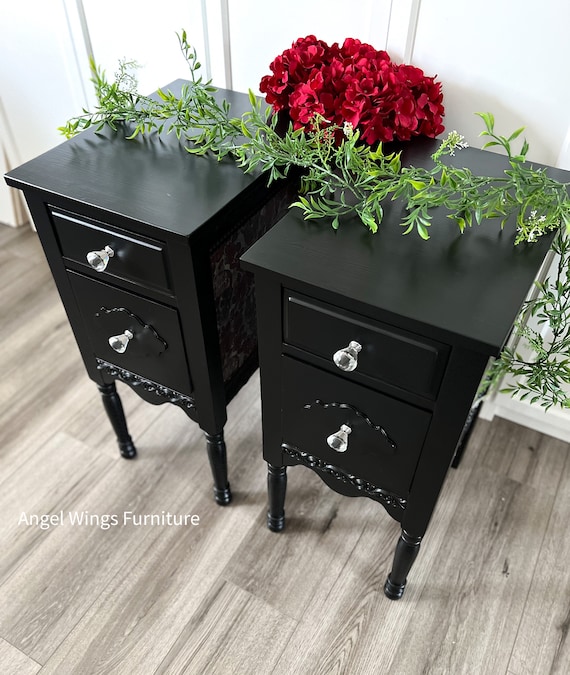 Vintage Nightstands Pair. Bedside Tables Painted Black. Gothic Teen Bedroom Furniture. Goth Chic Skull Floral Art Tables. Side End Tables Etsy