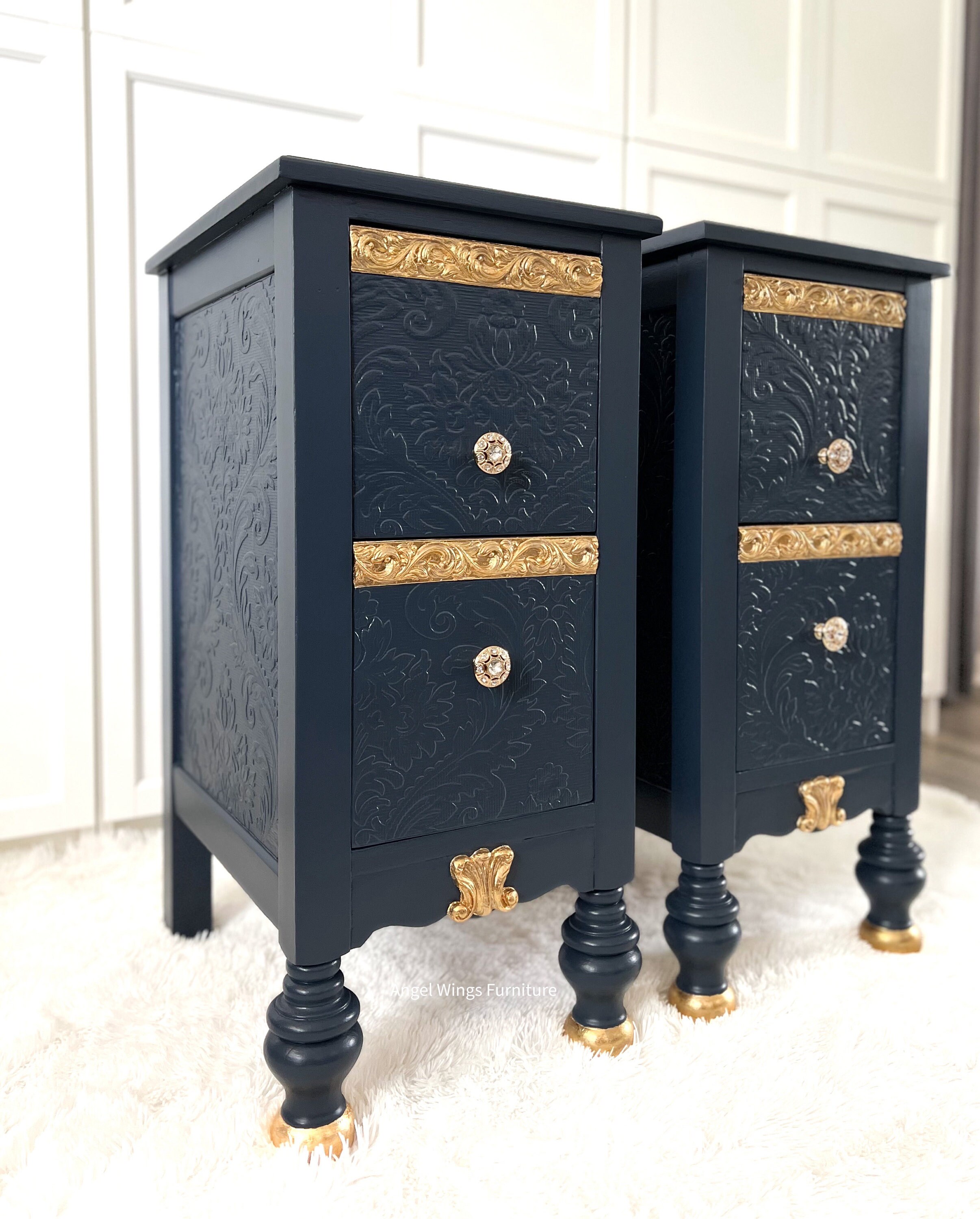 Nightstands Tall Pair. Bedside Tables Painted Blue Gold. End Tables ...