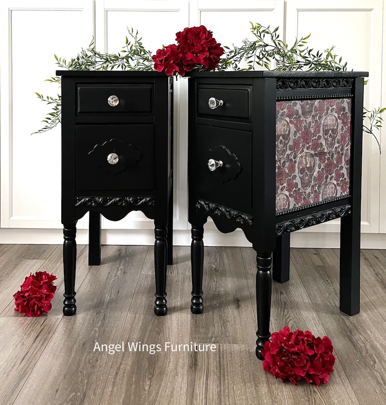 Vintage Nightstands Pair. Bedside Tables Painted Black. Gothic Teen Bedroom Furniture. Goth Chic ...