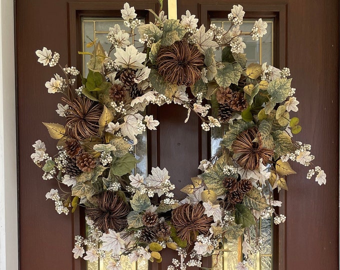 Neutral Fall Wreath for Front Door, Fall Foliage Wreath, Pumpkin and ...