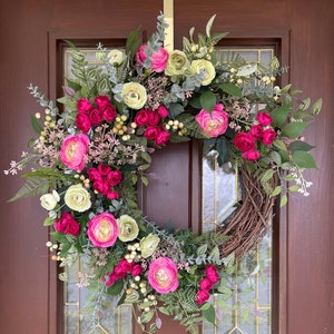 Pink Wreath, Large Spring Ranunculus Wreath, Elegant Year Round Wreath ...