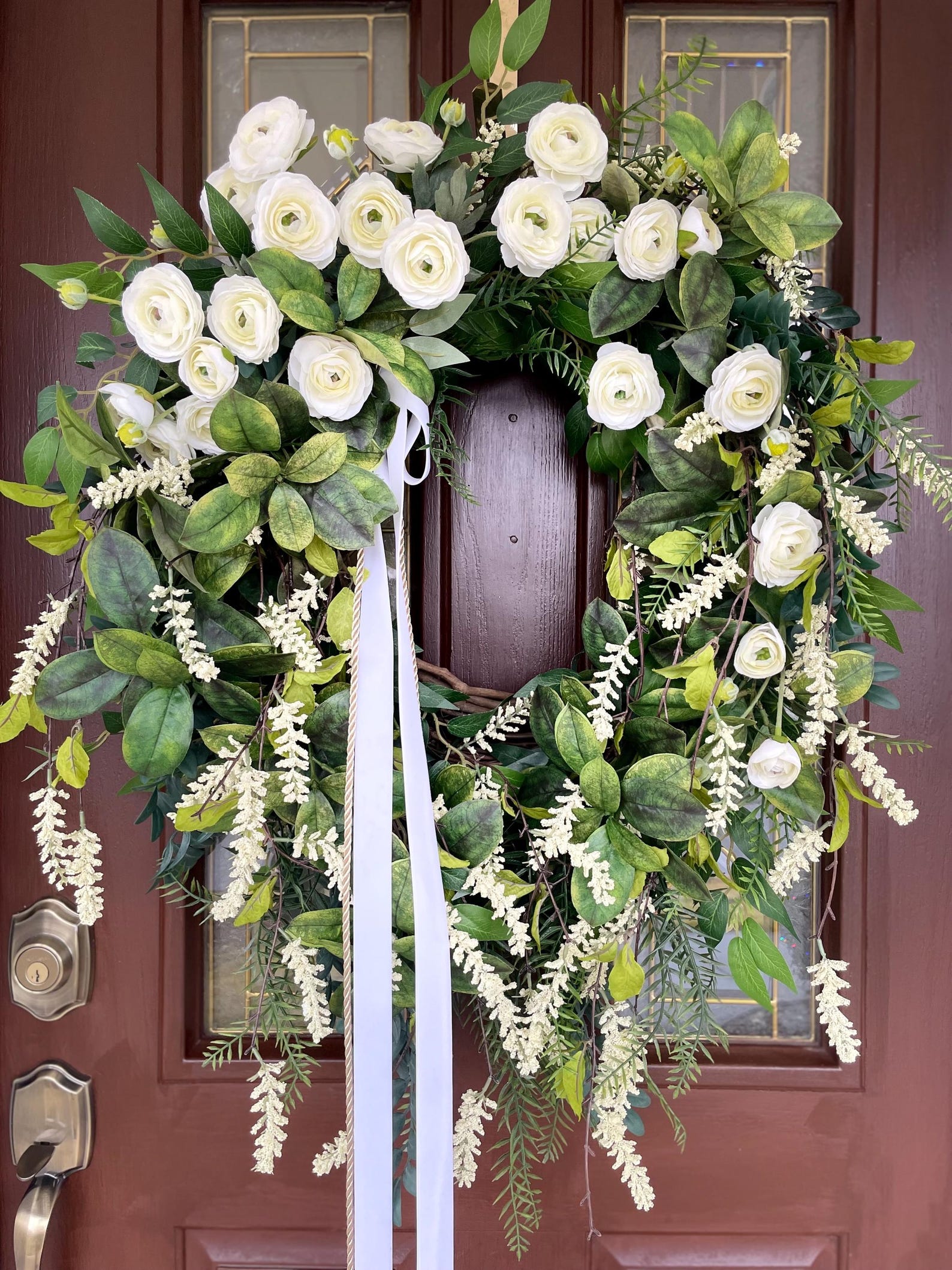 Cascading Spring Wreath for Front Door, Airy White Ranunculus Wreath ...