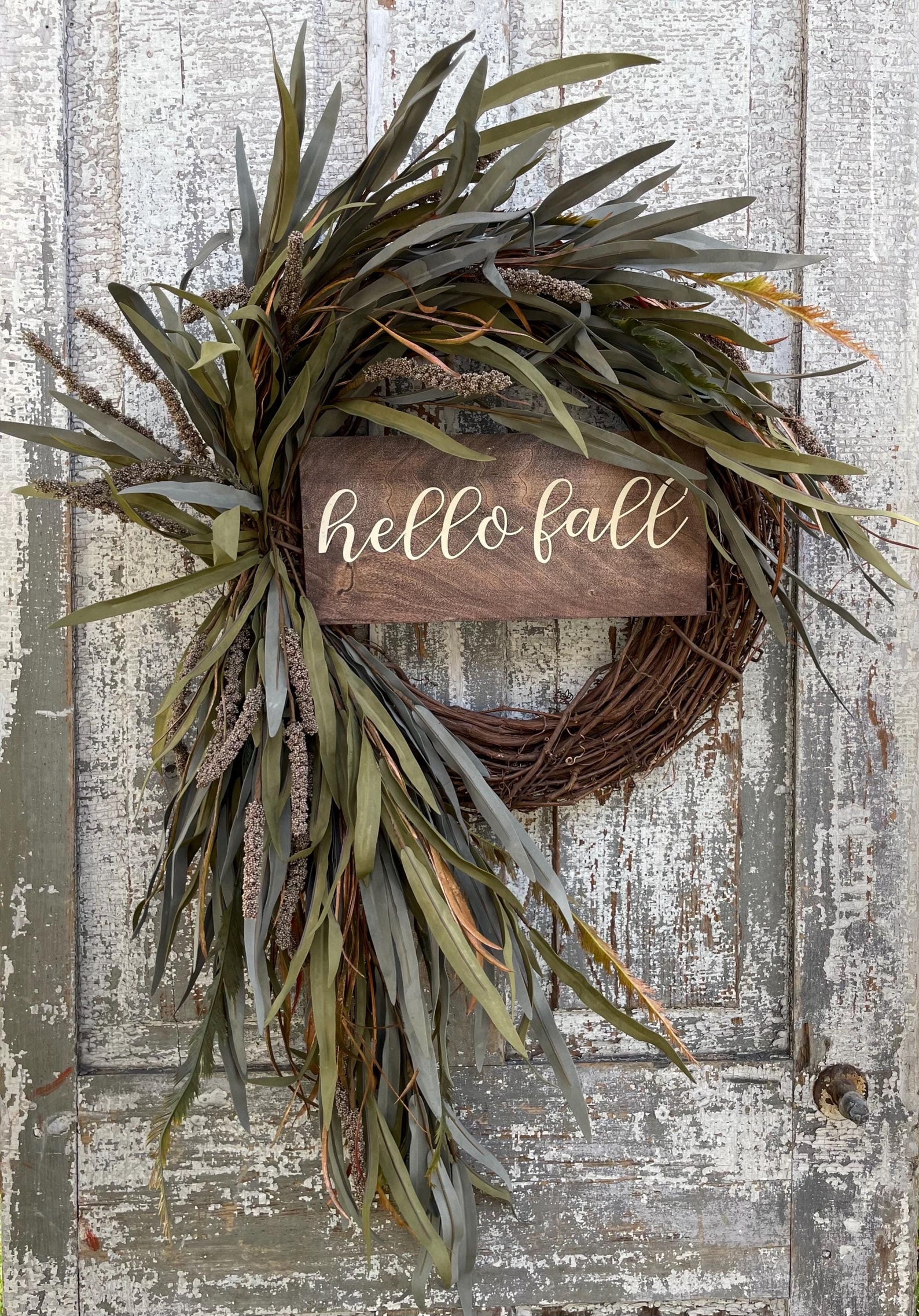 Neutral Fall Wreath, Cascading Wreath, Green and Copper Grass Wreath ...
