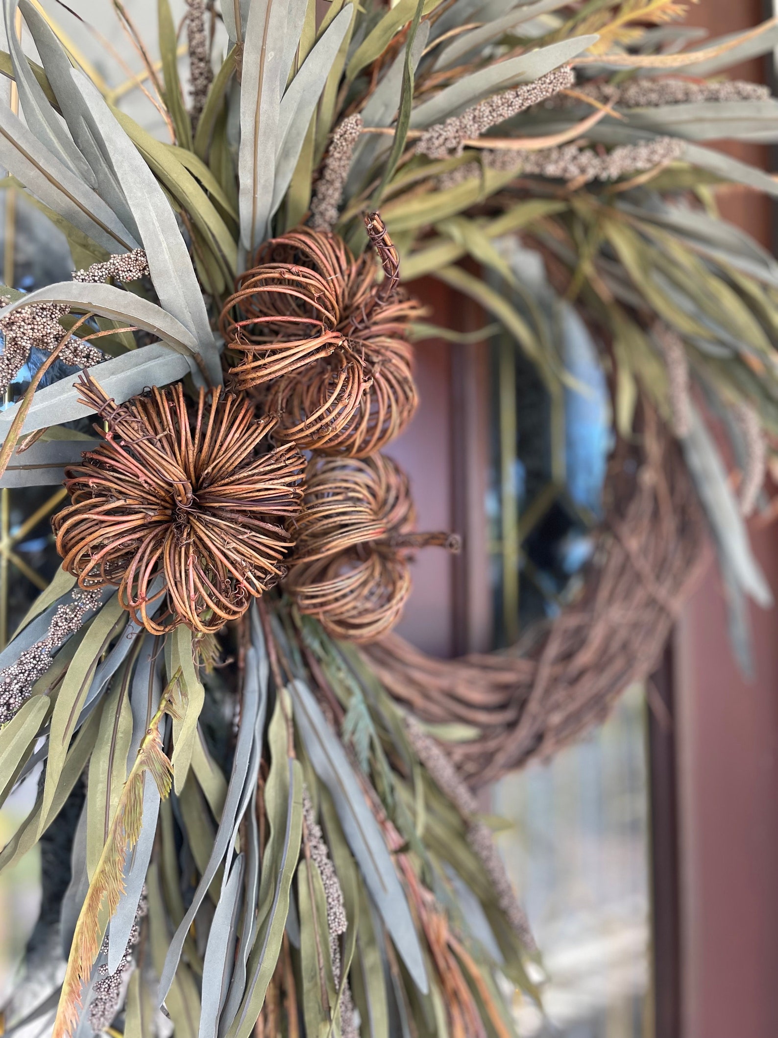 Neutral Fall Wreath, Cascading Wreath With Vine Pumpkins, Green and ...