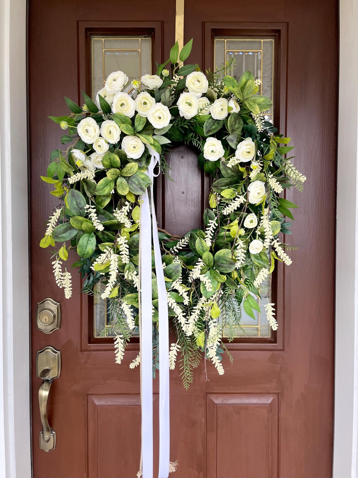 Cascading Spring Wreath for Front Door, Airy White Ranunculus Wreath ...
