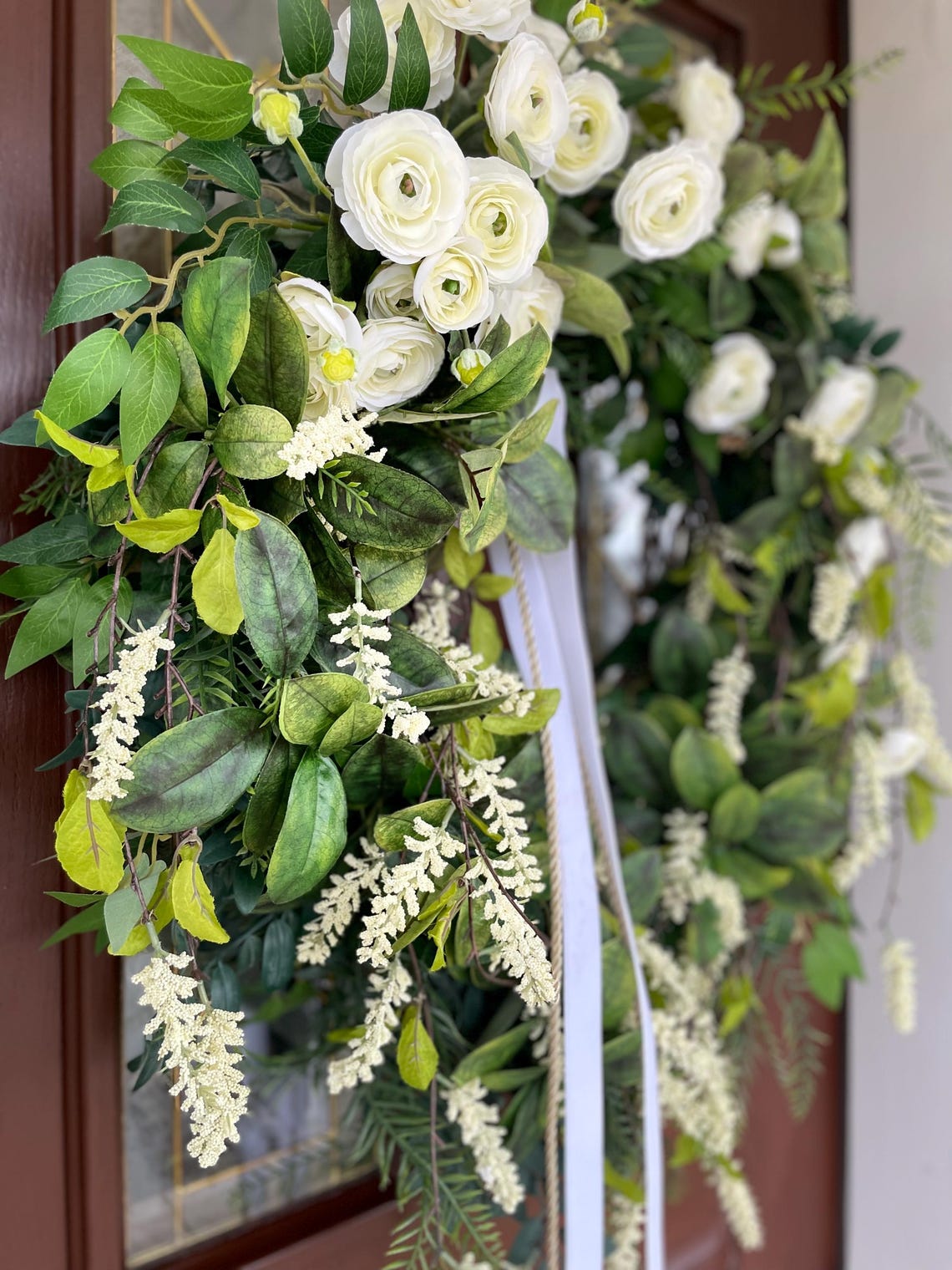Cascading Spring Wreath for Front Door, Airy White Ranunculus Wreath ...