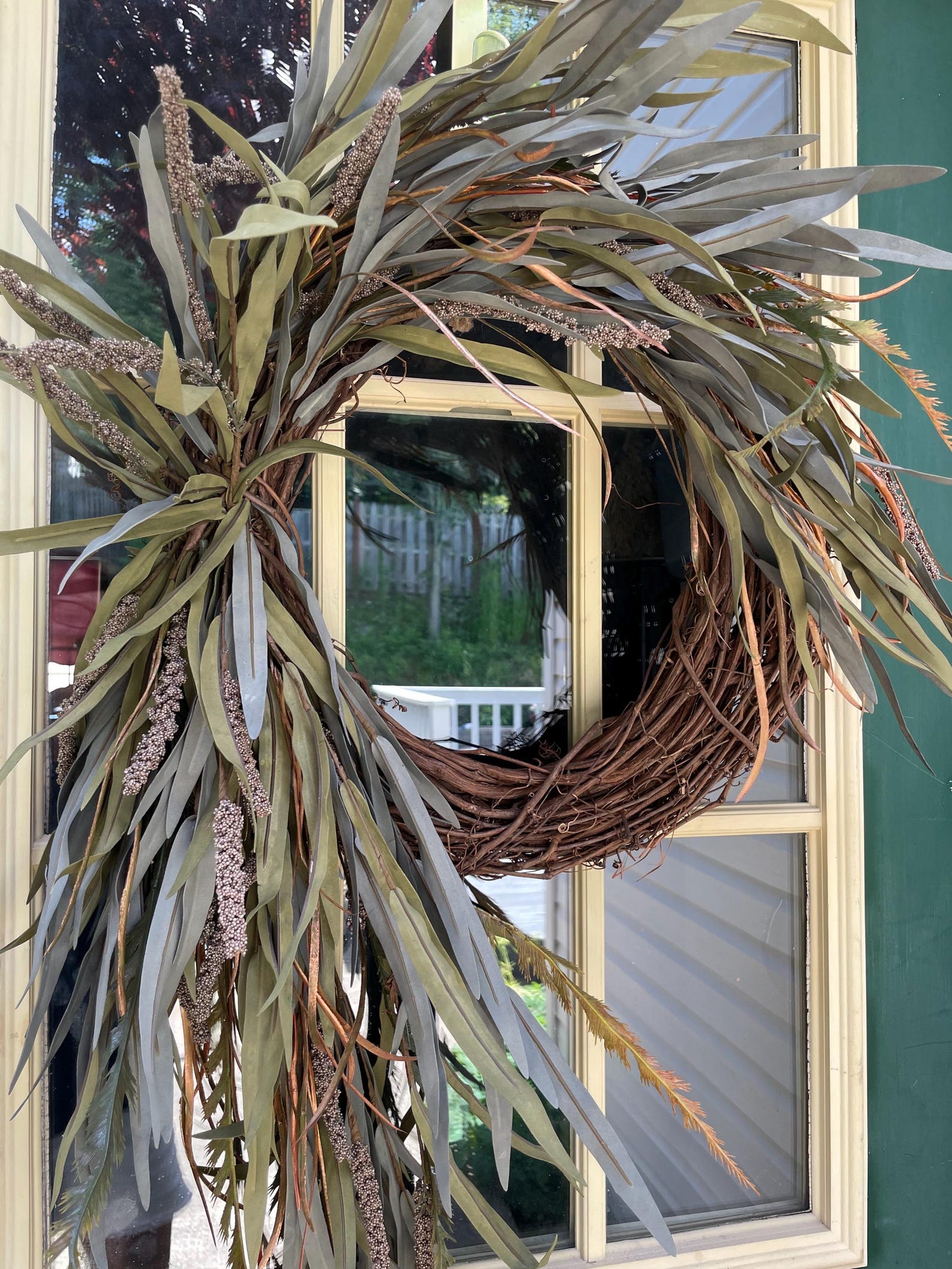 Neutral Fall Wreath, Cascading Wreath, Green and Copper Grass Wreath ...