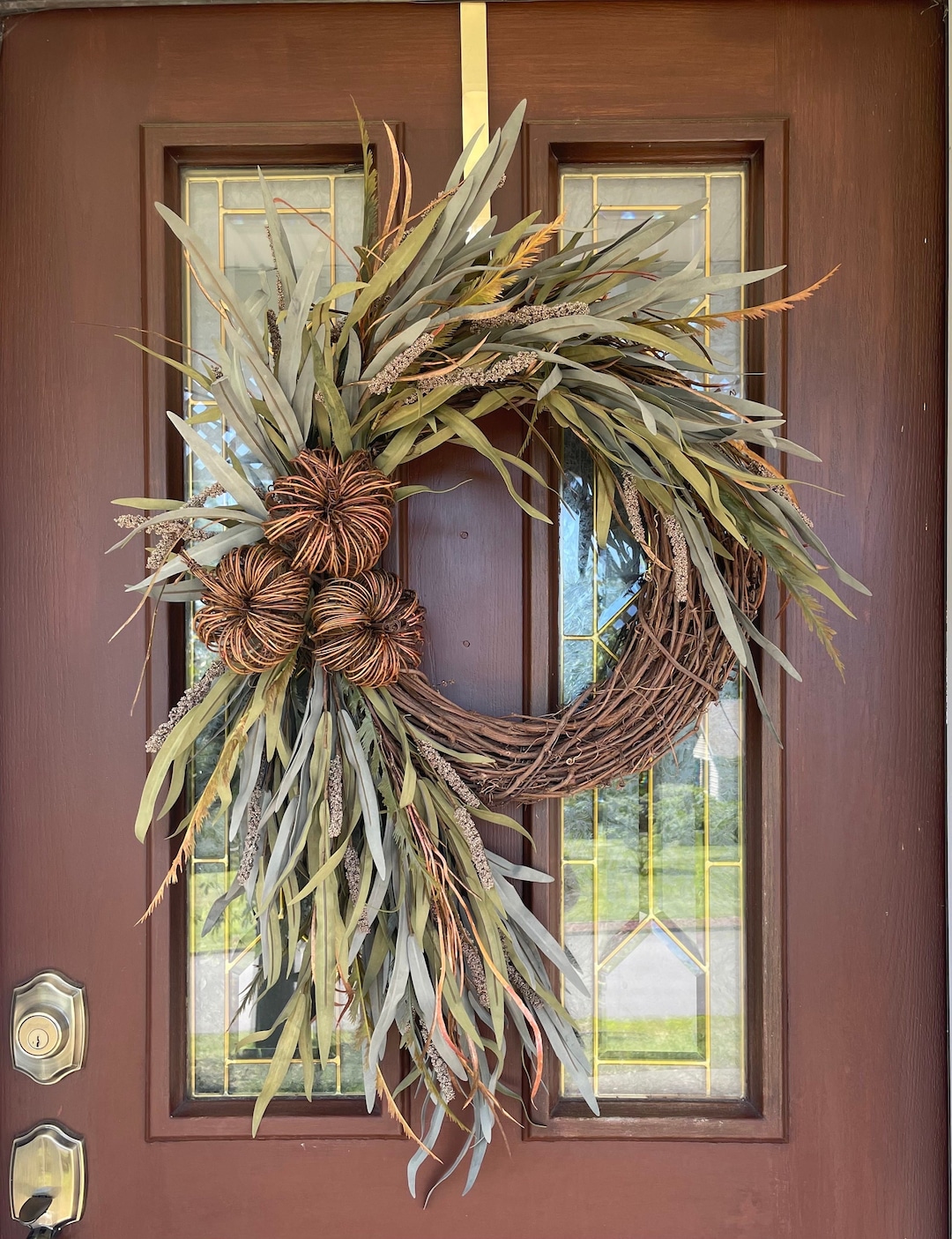 Neutral Fall Wreath, Cascading Wreath With Vine Pumpkins, Green and ...
