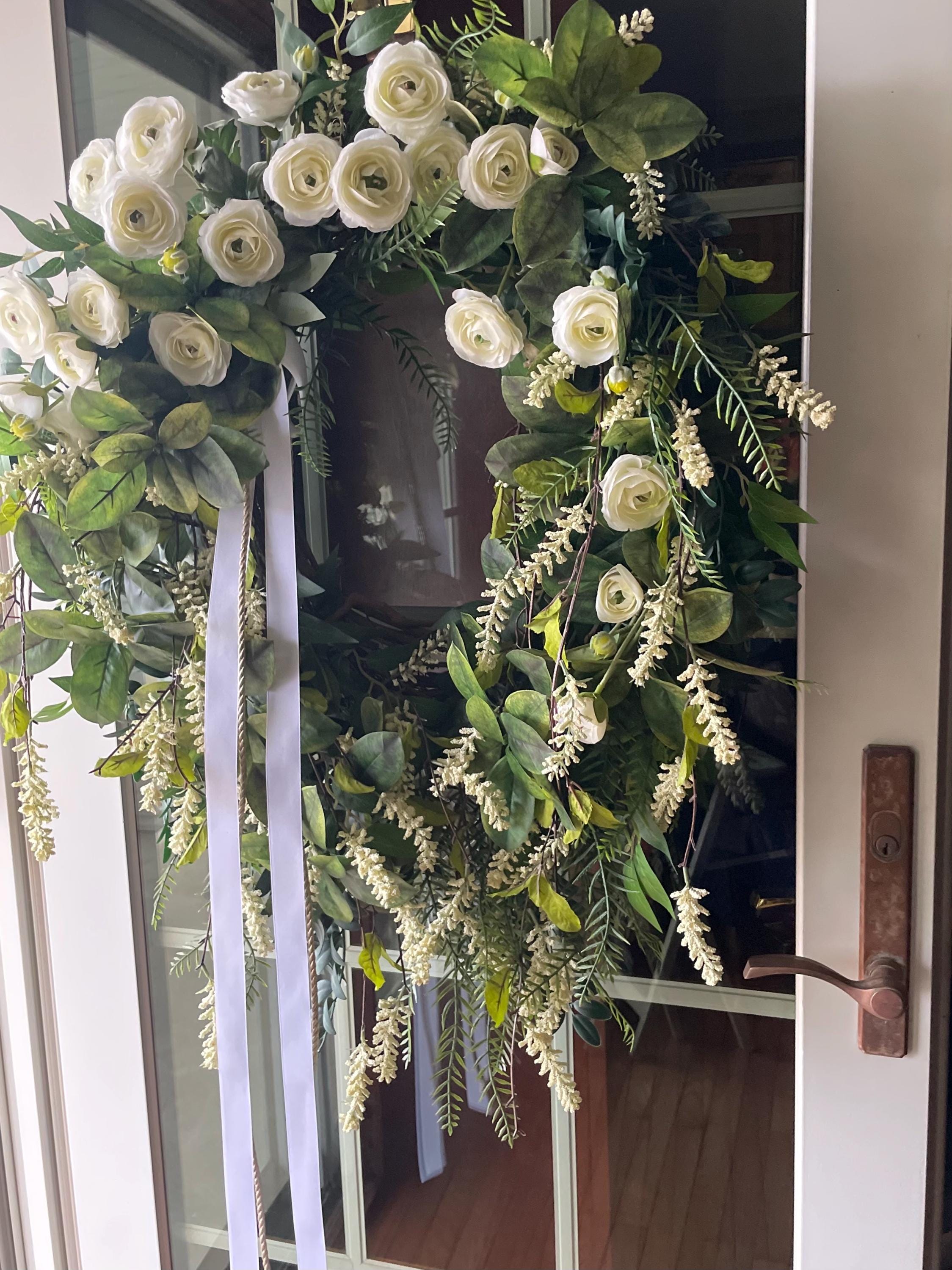Cascading Spring Wreath for Front Door, Airy White Ranunculus Wreath ...