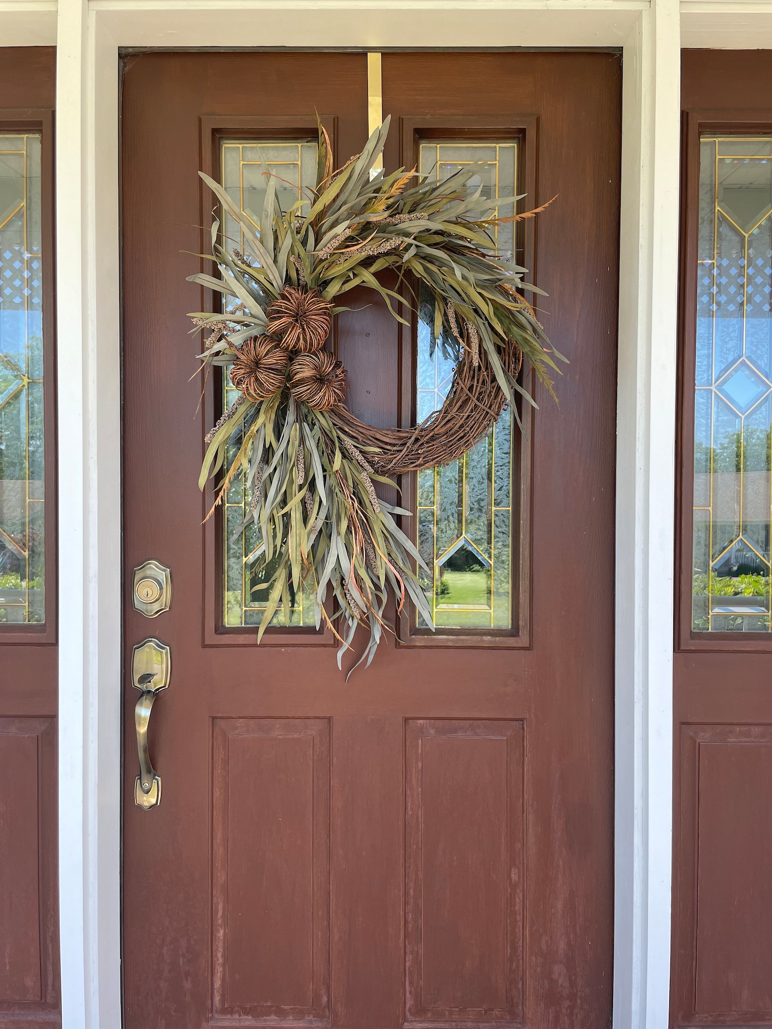 Neutral Fall Wreath, Cascading Wreath With Vine Pumpkins, Green and ...