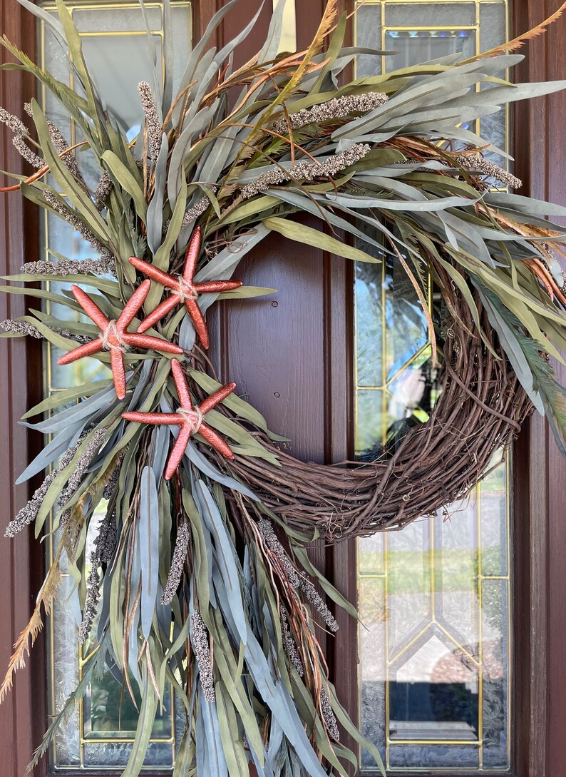 Fall Beach Wreath, Cascading Wreath With Starfish, Green and Copper ...