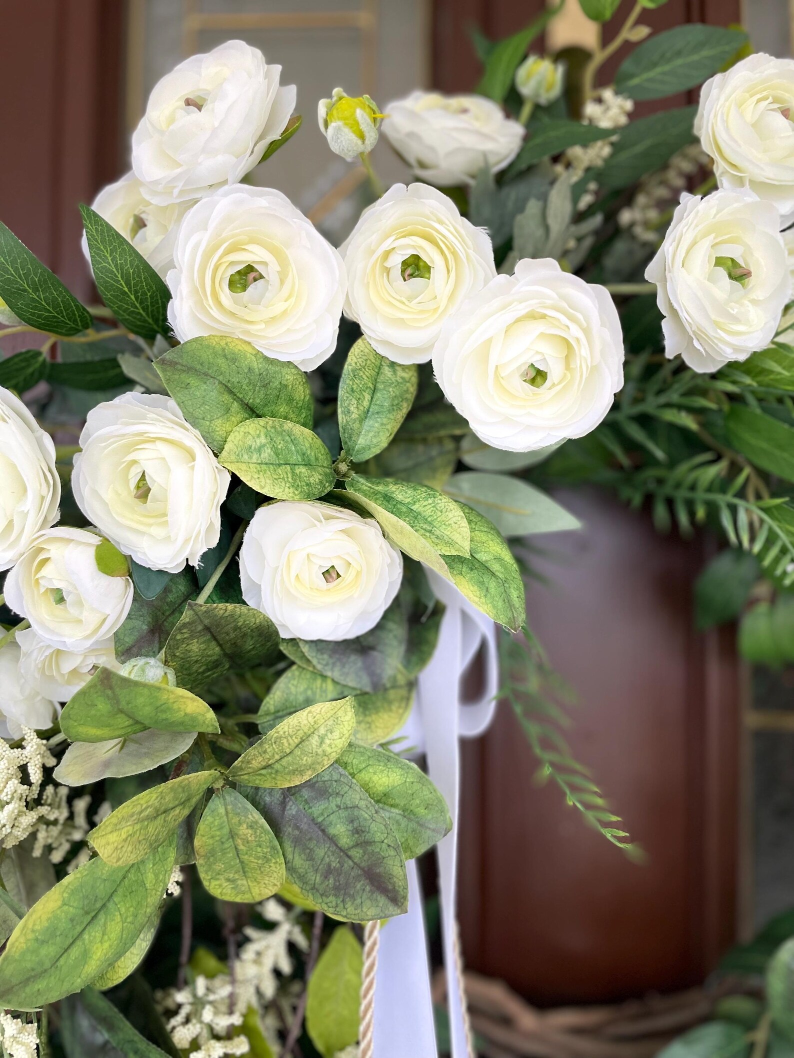 Cascading Spring Wreath for Front Door, Airy White Ranunculus Wreath ...