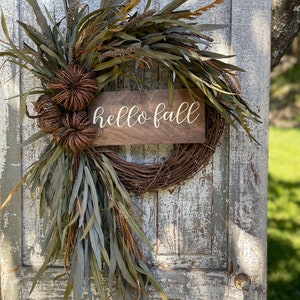 Neutral Fall Wreath, Cascading Wreath With Vine Pumpkins, Green and ...