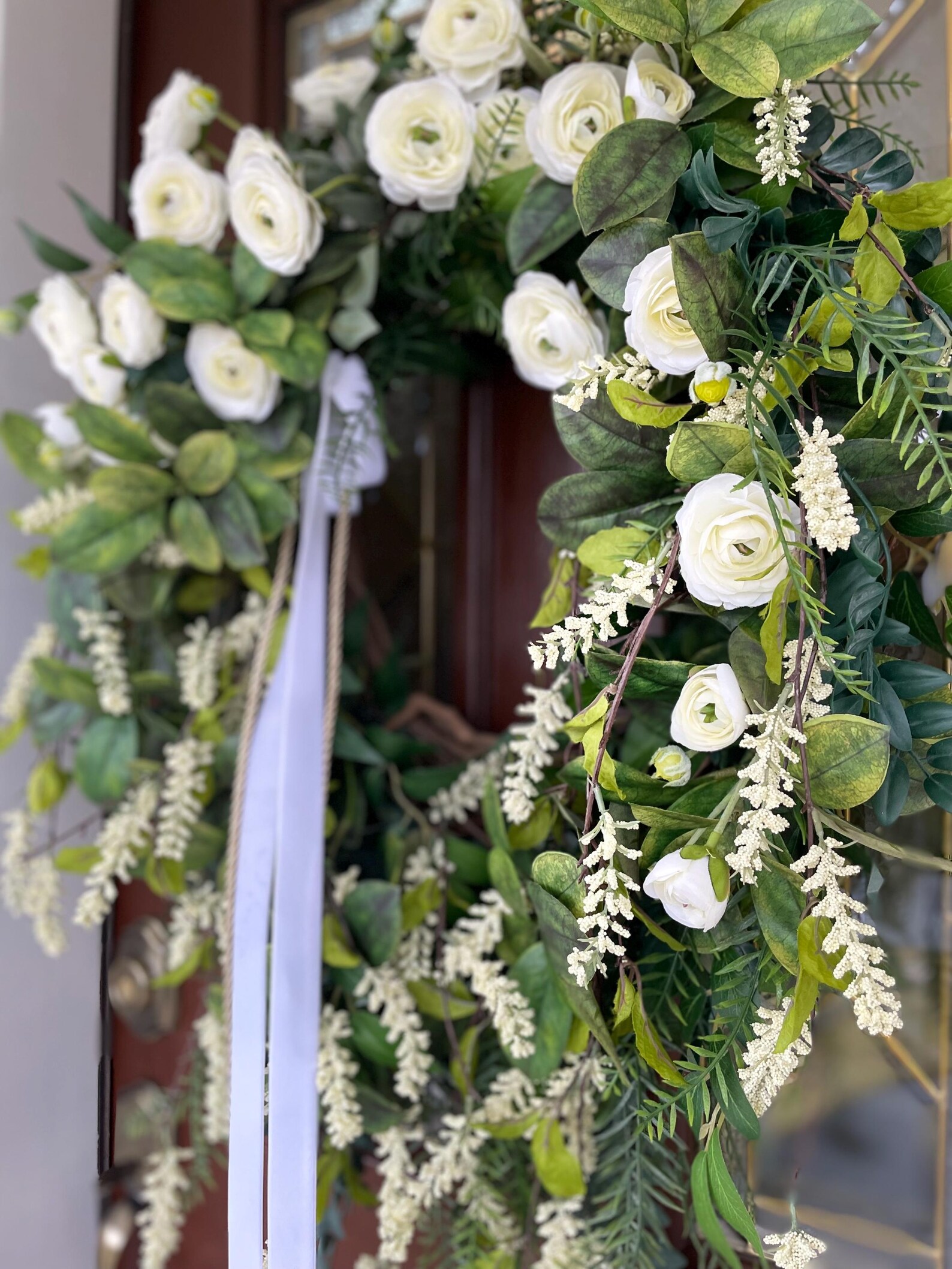 Cascading Spring Wreath for Front Door, Airy White Ranunculus Wreath ...