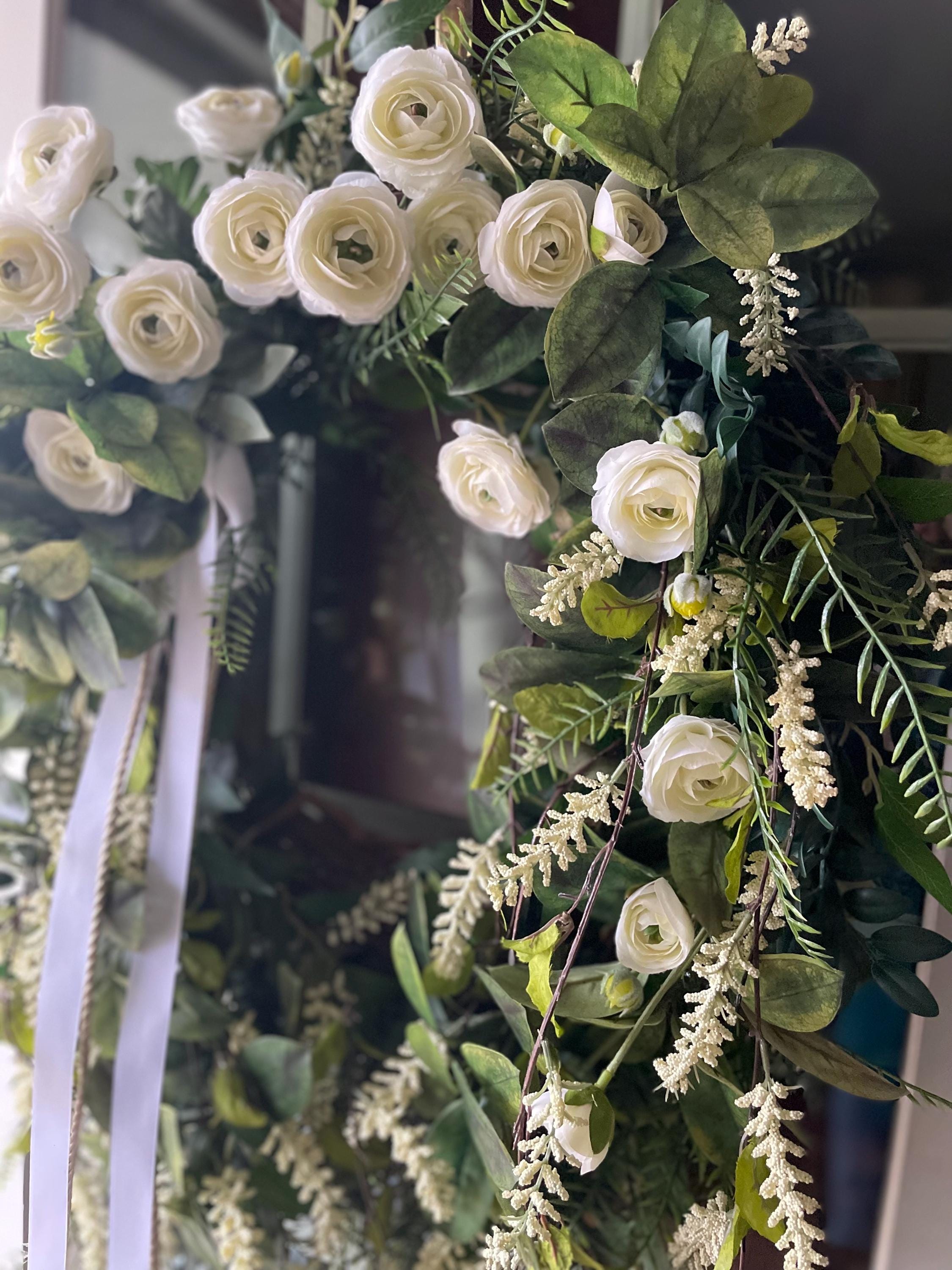 Cascading Spring Wreath for Front Door, Airy White Ranunculus Wreath ...