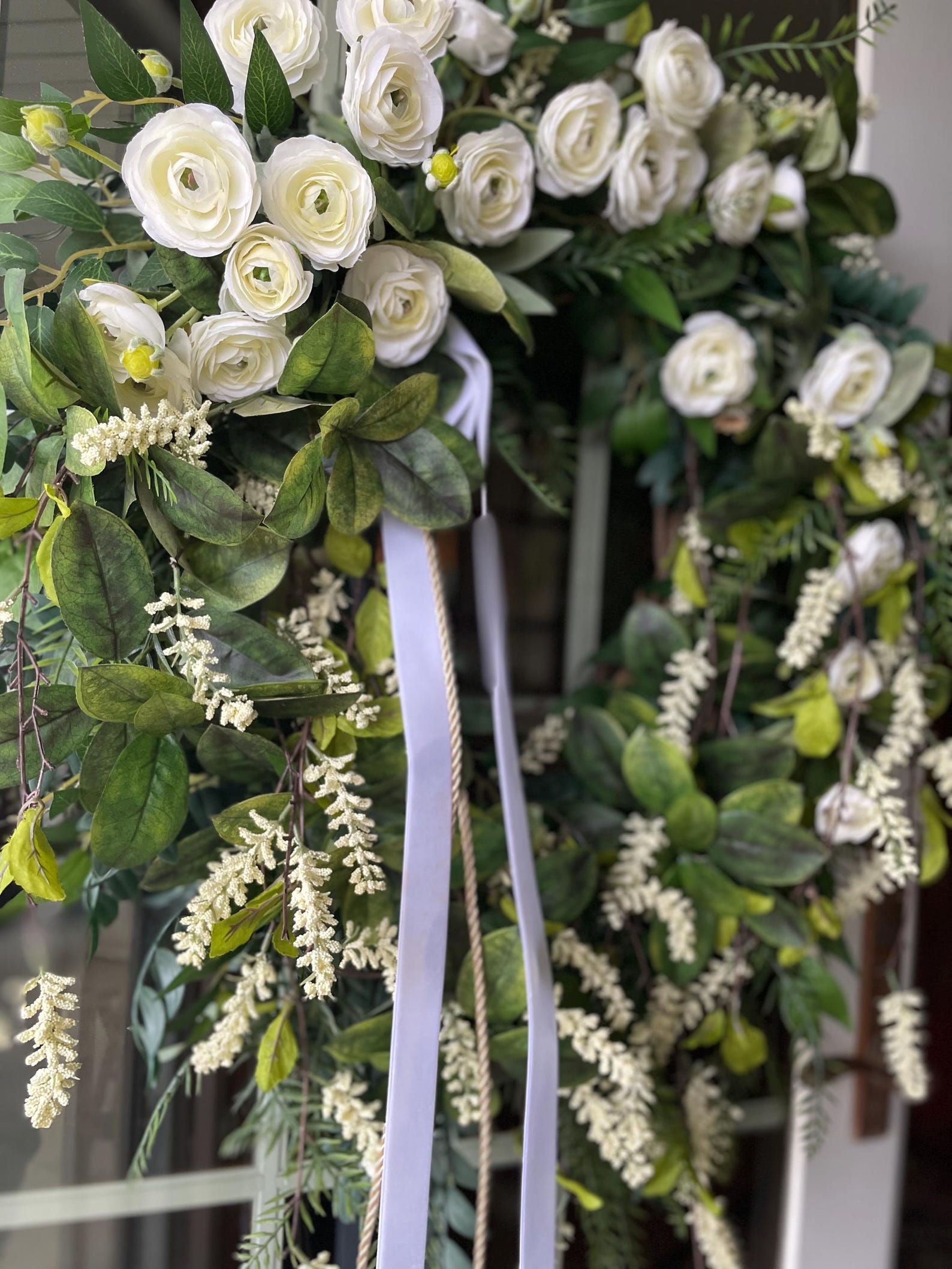 Cascading Spring Wreath for Front Door, Airy White Ranunculus Wreath ...