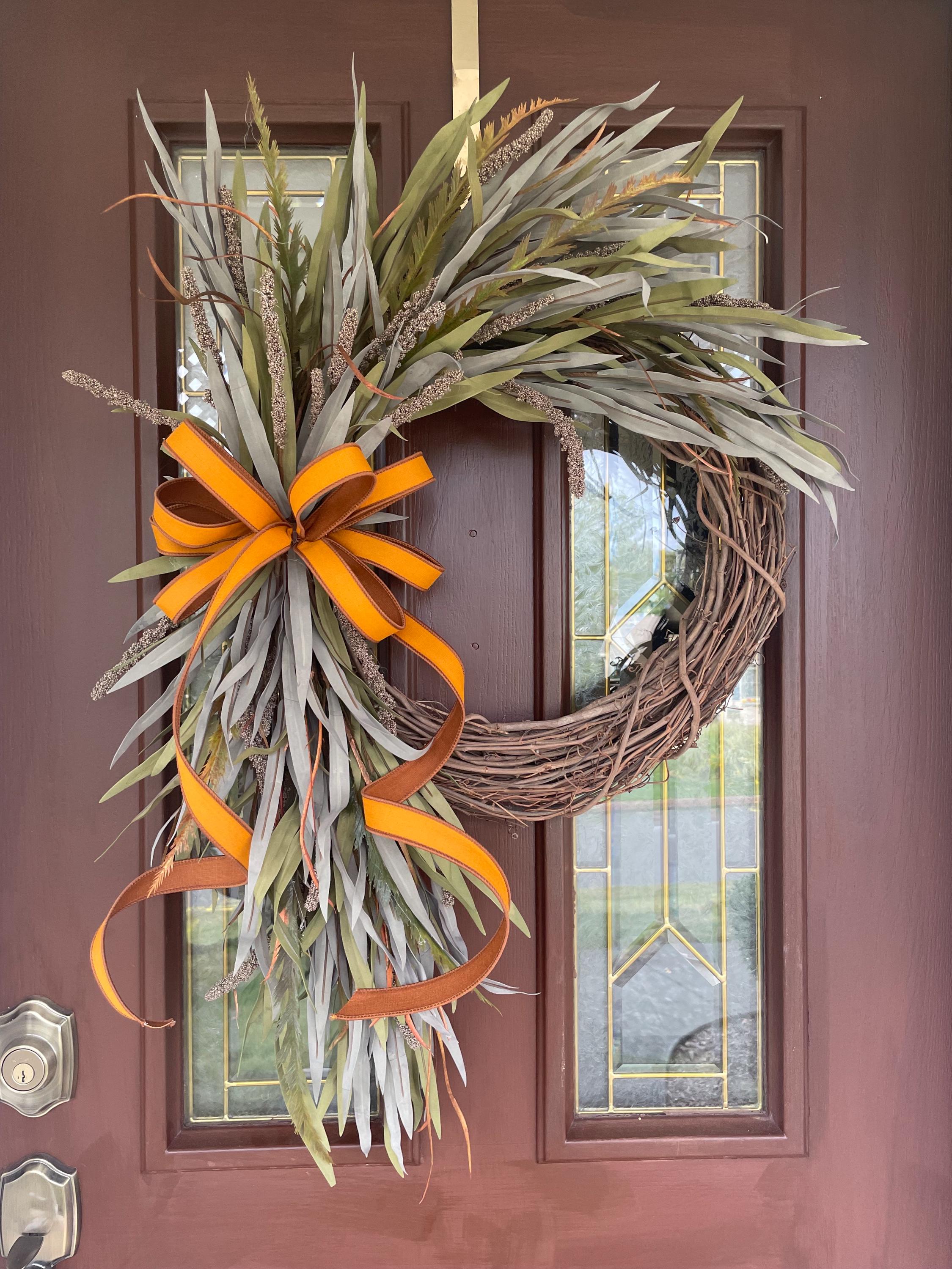 Neutral Fall Wreath, Cascading Wreath, Green and Copper Grass Wreath ...