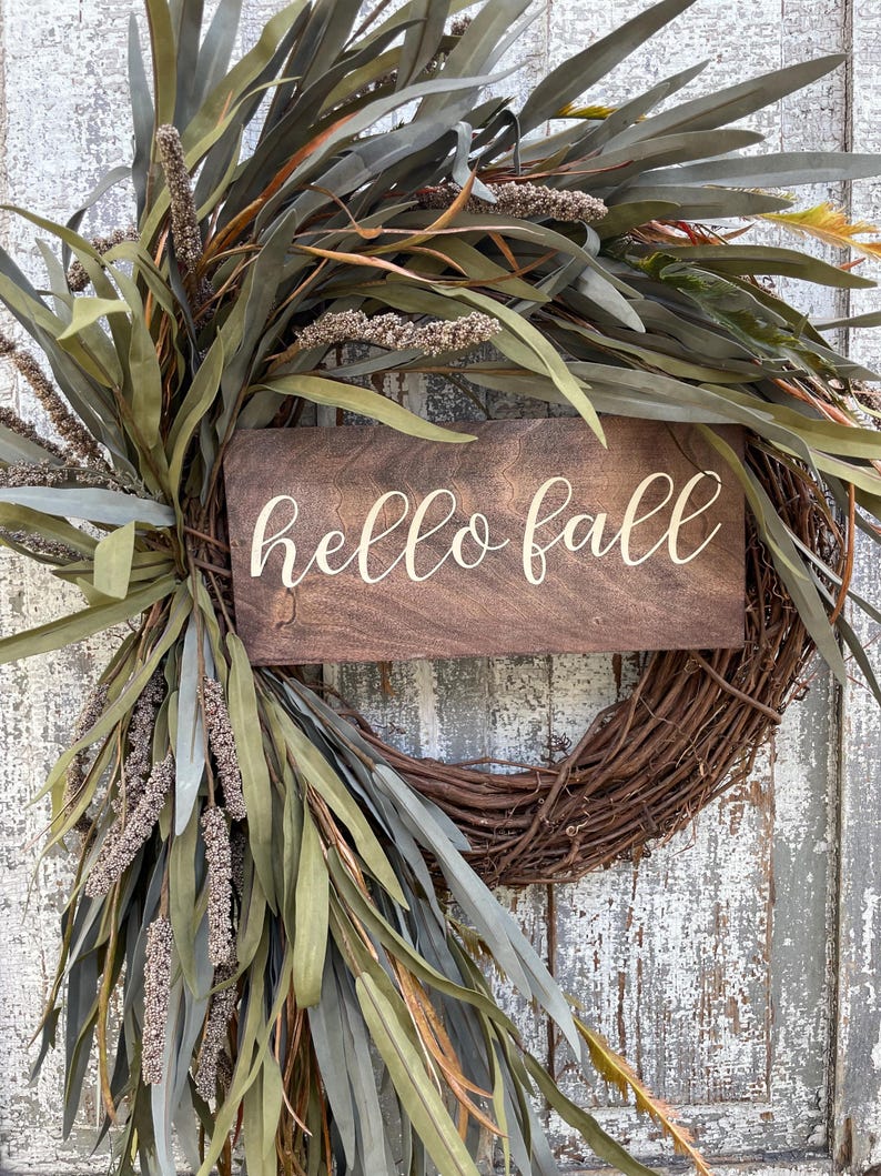 Neutral Fall Wreath, Cascading Wreath, Green and Copper Grass Wreath ...