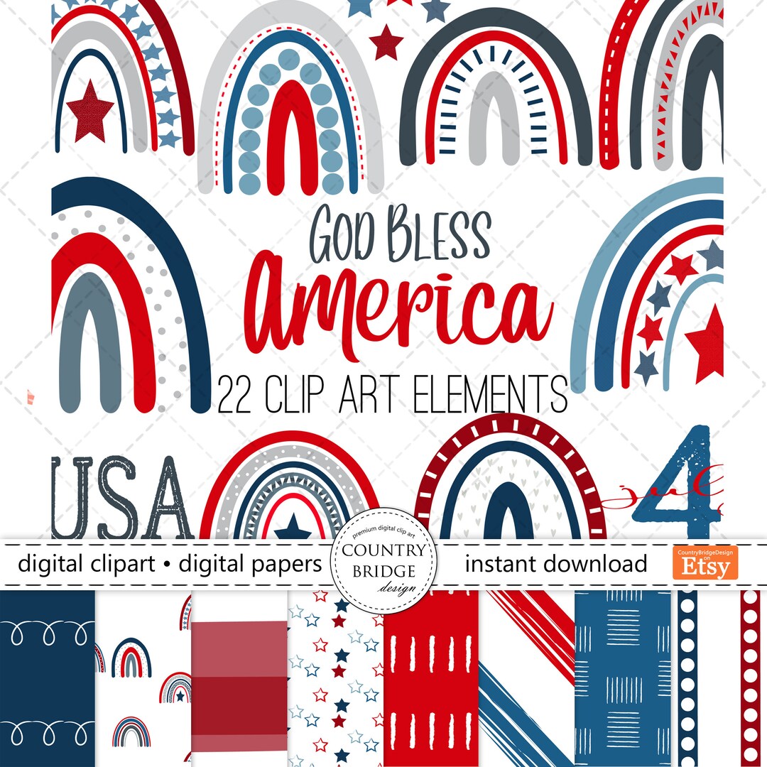 Patriotic Rainbow Clip Art, Doodle July 4th Paper, Red, White & Blue ...