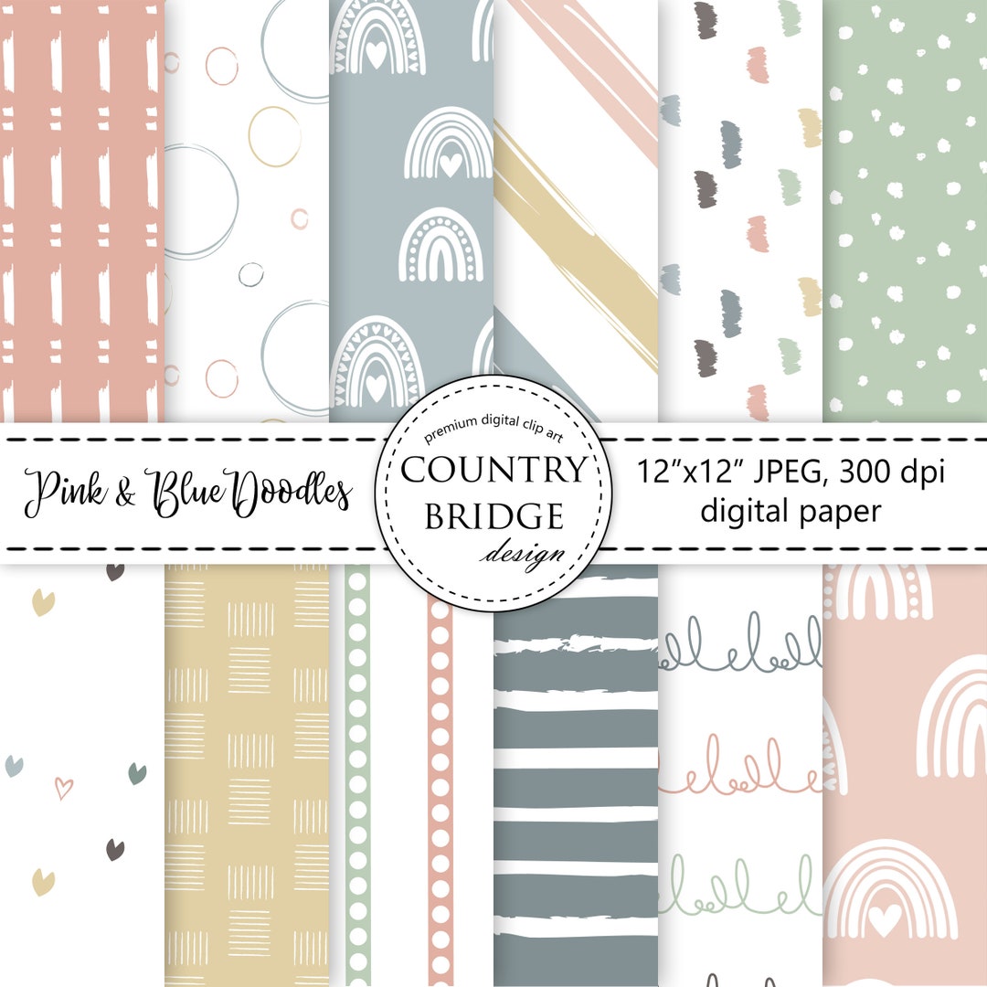 Doodle Digital Papers, Boho Rainbow Digital Paper Pack, Hand Drawn ...