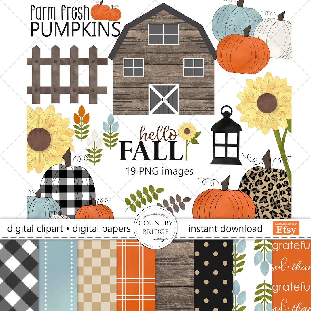 Fall Farmhouse Clipart & Digital Paper Bundle, Autumn Clipart Bundle ...