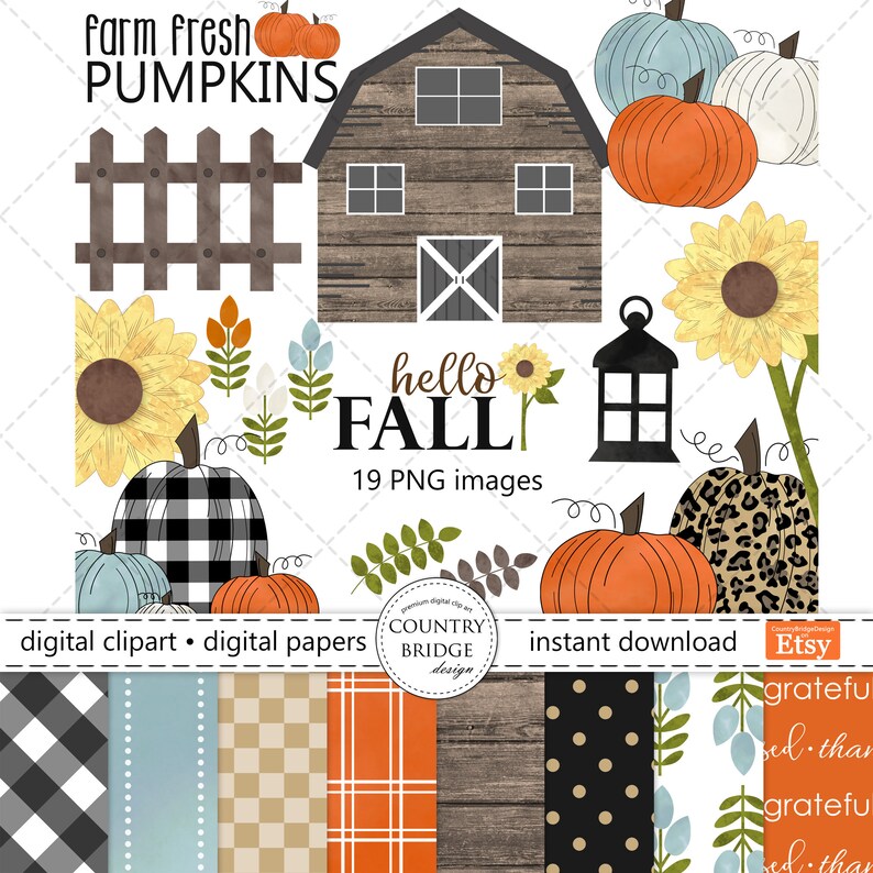 Fall Farmhouse Clipart & Digital Paper Bundle Autumn Clipart - Etsy