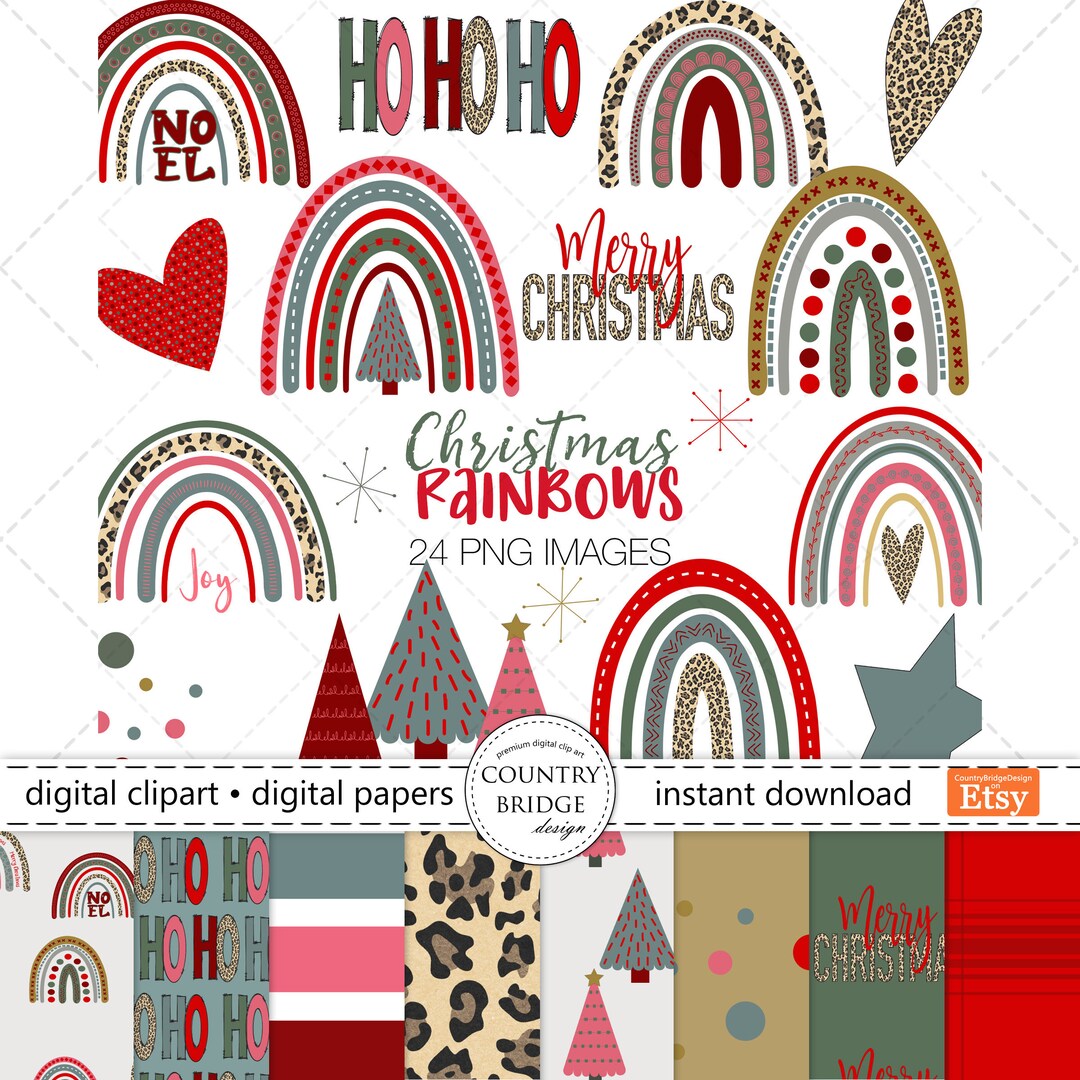 Christmas Boho Rainbow Clip Art, Boho Doodle Paper, Christmas Paper ...