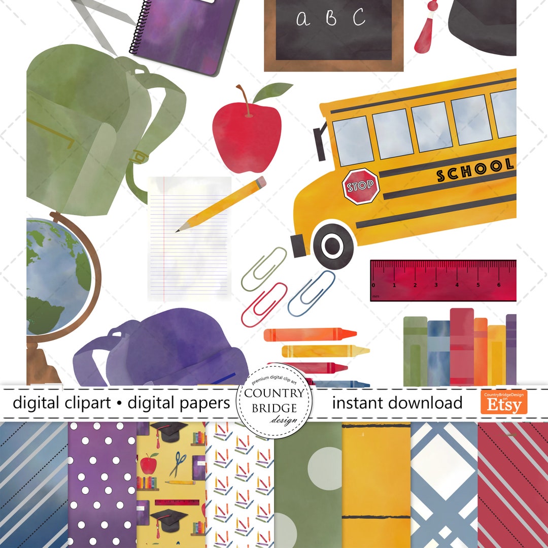 Watercolor Back to School Clipart, School Clipart, School Paper, School ...