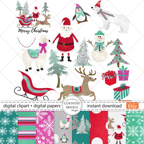 Christmas Clipart & Digital Paper Holiday Clipart Christmas | Etsy