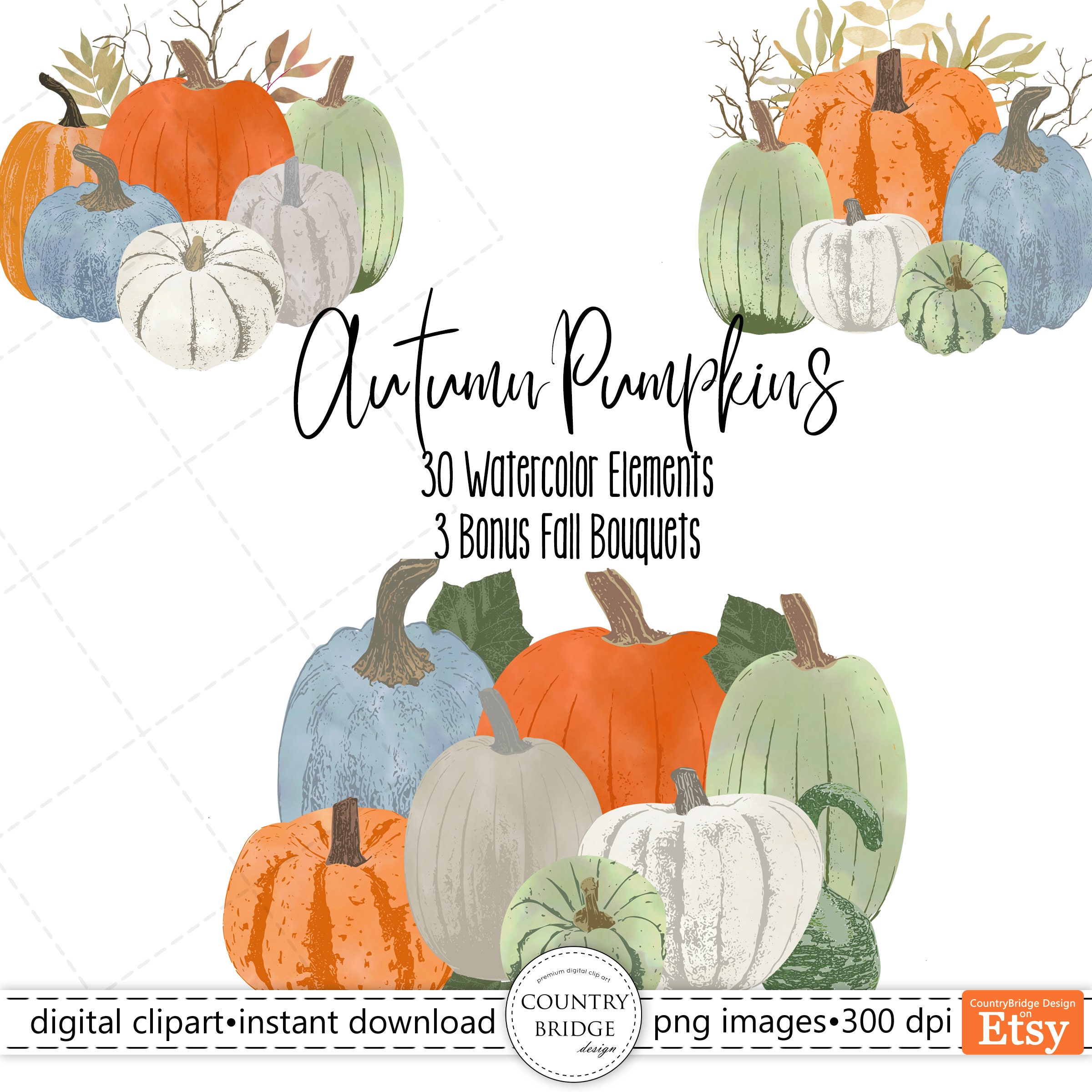 Pumpkin Clip Art Watercolor Fall Clipart Fall Pumpkins - Etsy