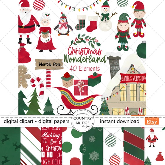 Christmas Santa Clipart & Digital Paper Bundle Santa Clipart - Etsy