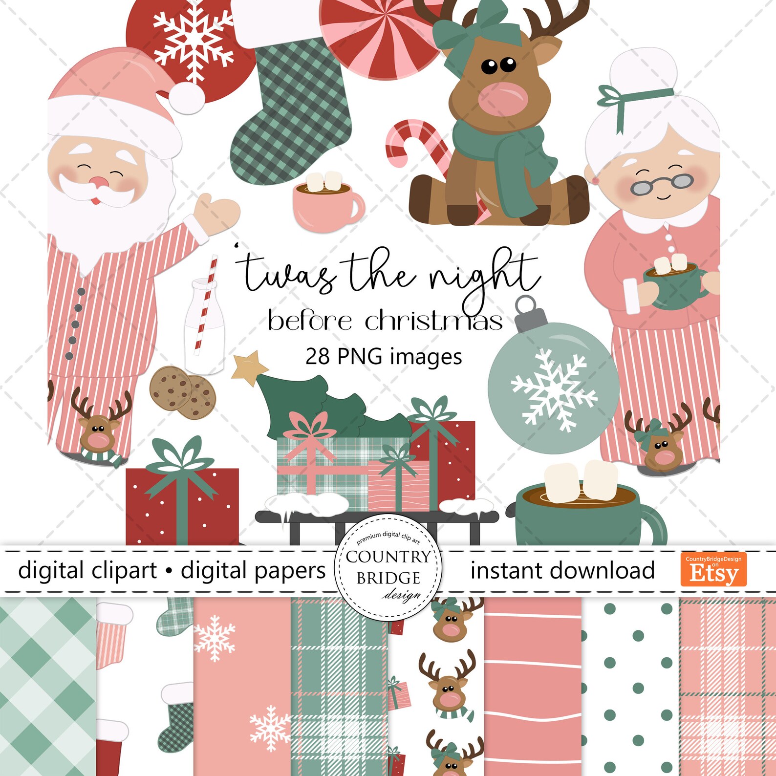 Christmas Clipart & Digital Paper Bundle Santa Claus Clipart - Etsy