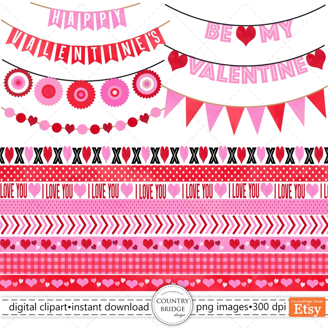 Valentine Digital Borders and Banners, Heart Garland Clipart, Valentine ...