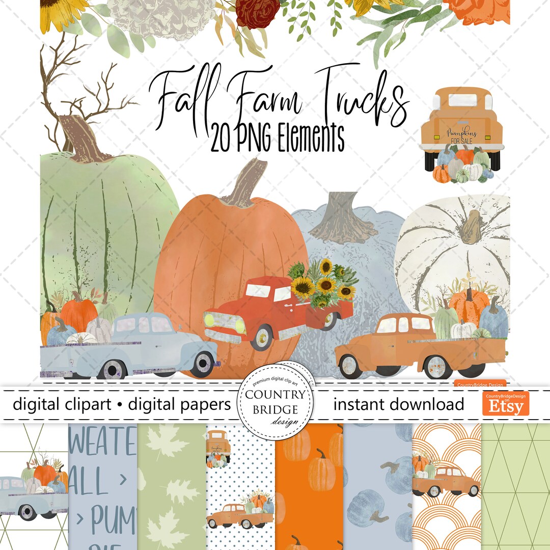 Pumpkin Farm Truck, Fall Clipart and Paper Bundle, Fall Farm Truck ...