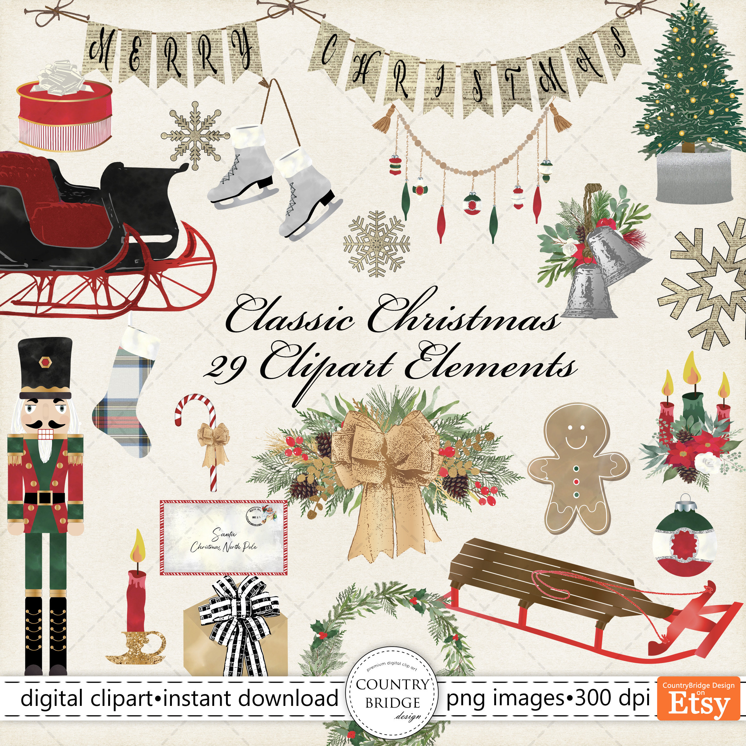 Vintage Christmas Clipart & Digital Paper Bundle Classic | Etsy