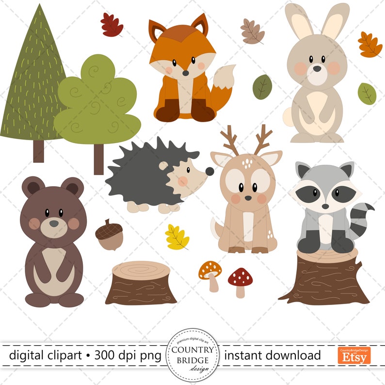 Woodland Animals Clipart Forest Animals PNG Cute Bear Bunny - Etsy