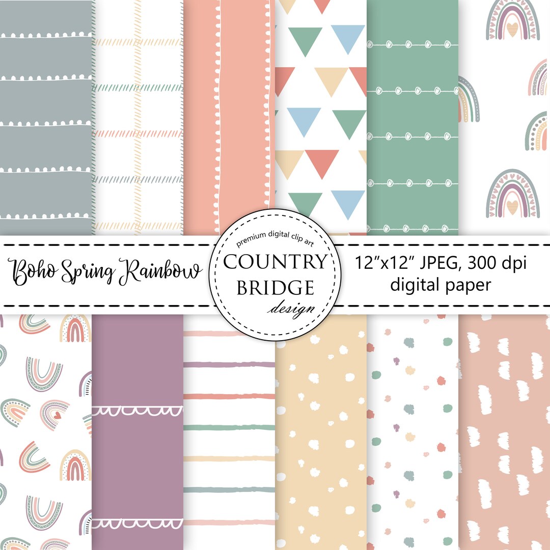 Doodle Digital Papers, Boho Spring Rainbow Digital Paper Pack, Hand ...